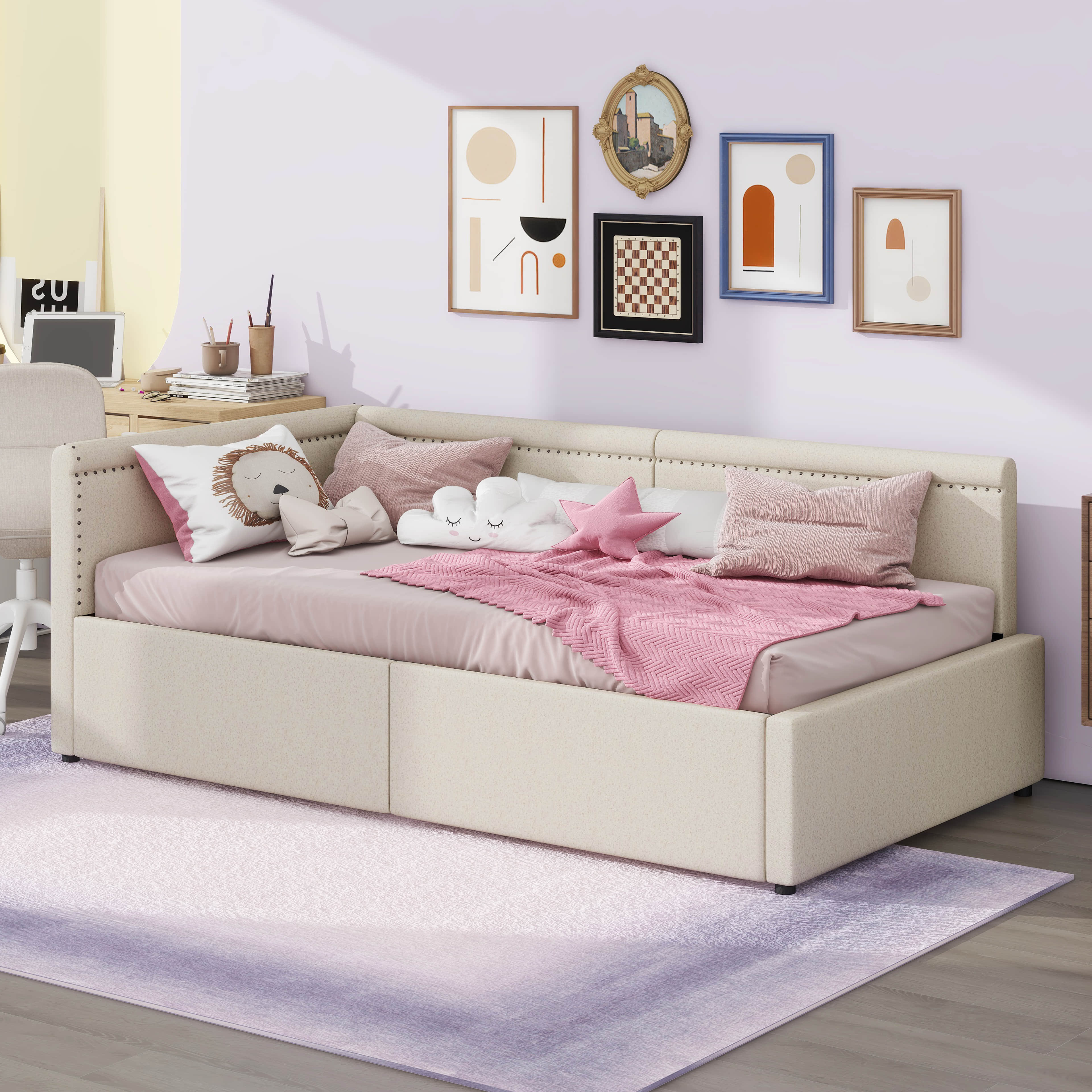 Lark Manor Twin Size Modern Linen L-Shaped Daybed With Tufted Backrest ...