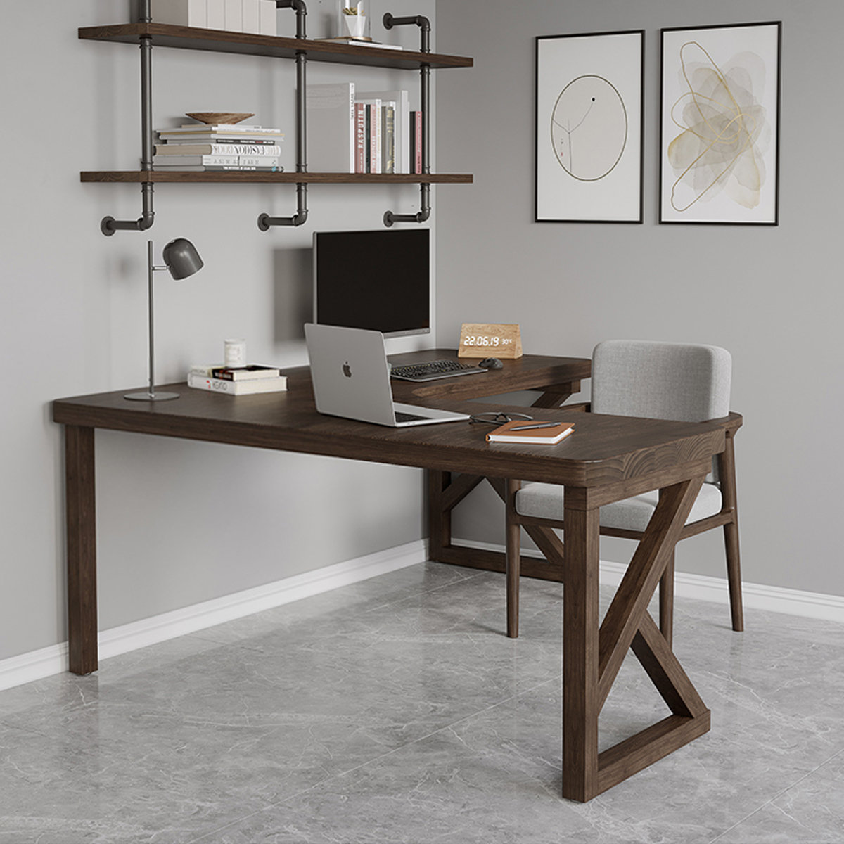 Loon Peak® A simple L-shaped corner solid wood desk in walnut color ...
