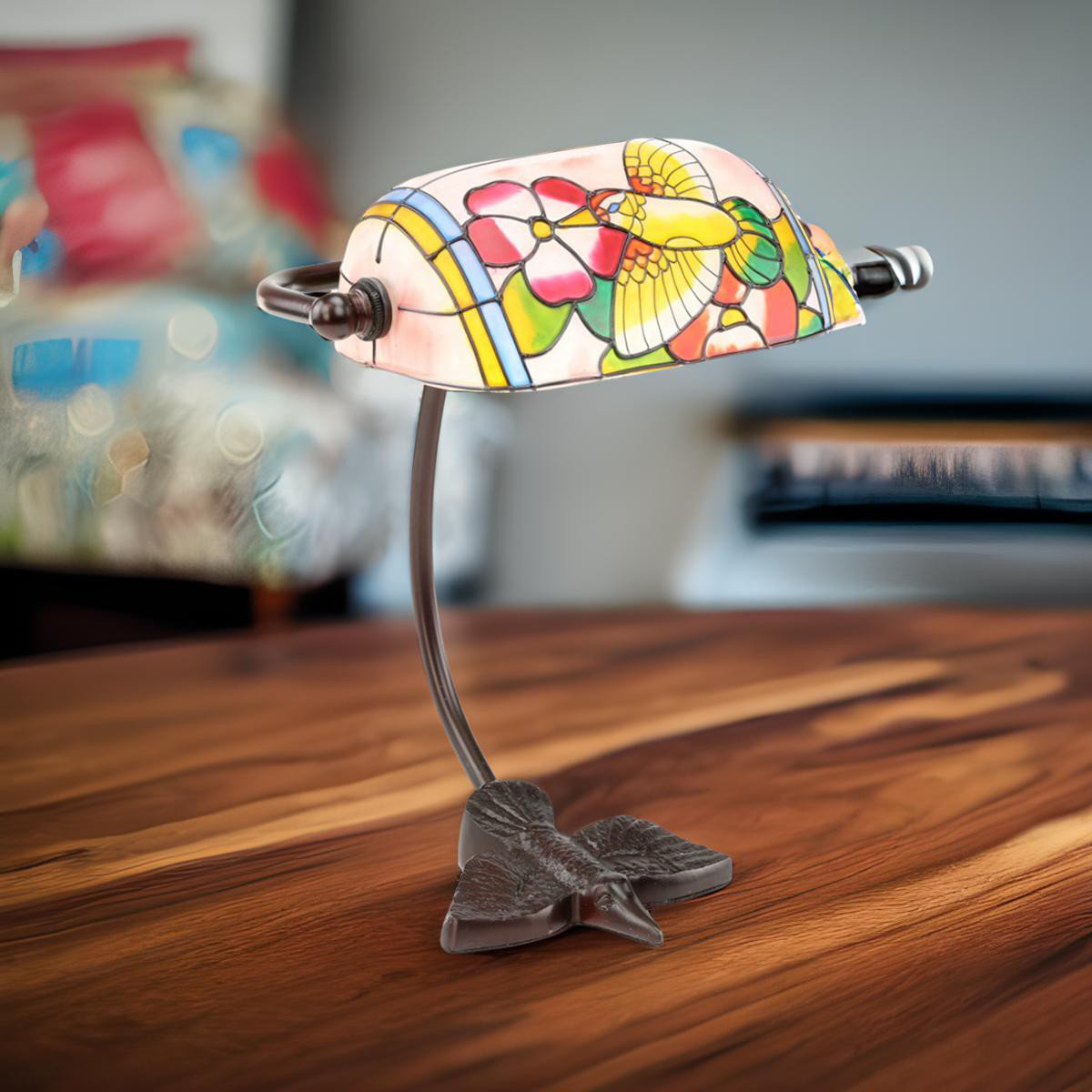 August Grove Altavista Table Lamp Bronze Bird Style Lamp Stained Glass ...