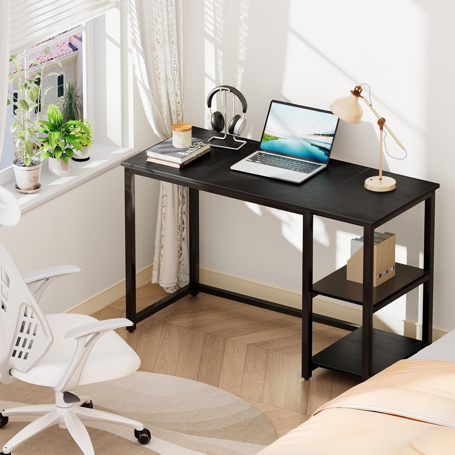 Inbox Zero Computer Desk 40 inches with 2-Tier Shelves Sturdy Home ...