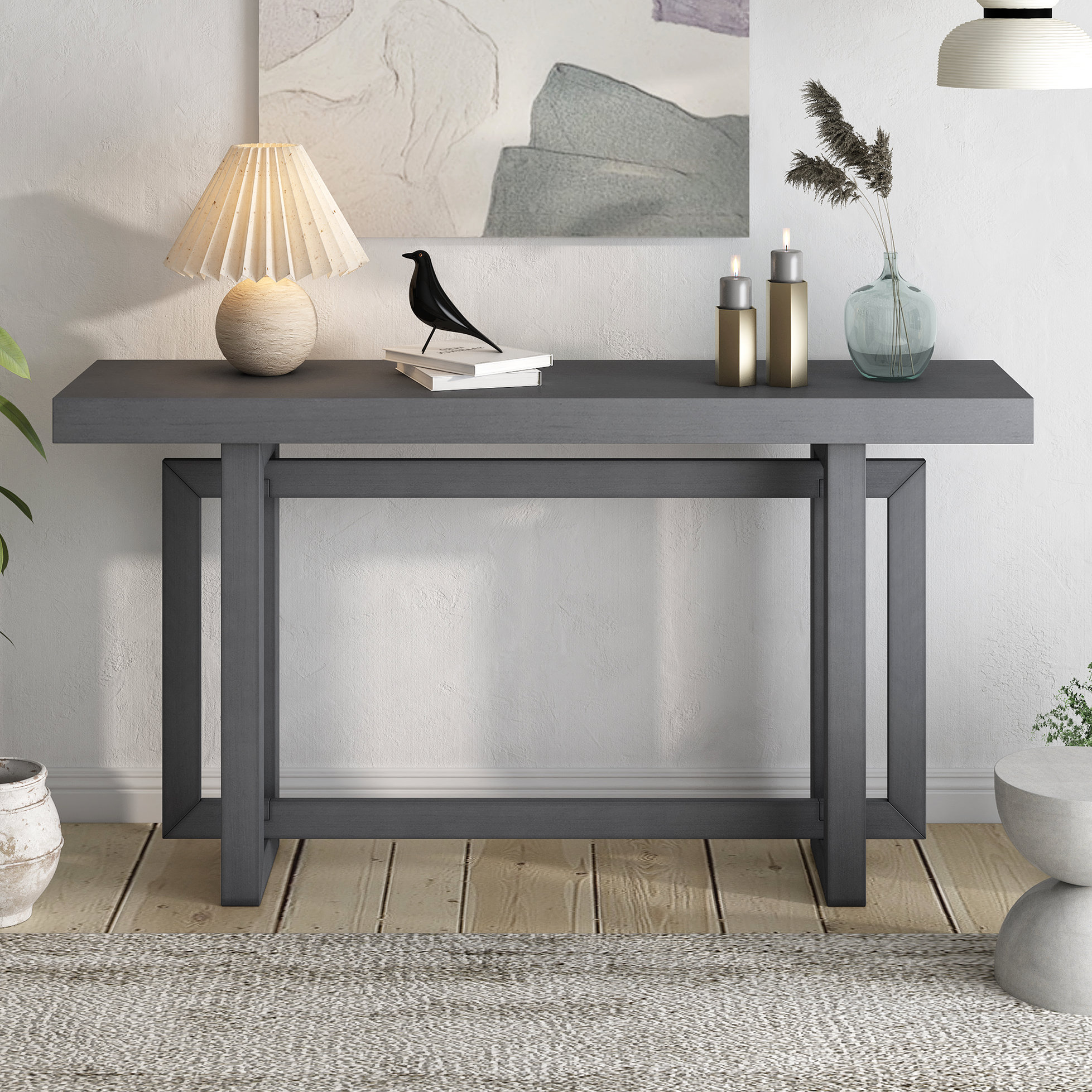 Latitude Run® Minimalist Entryway Table, Concrete Top, Pine And Solid ...