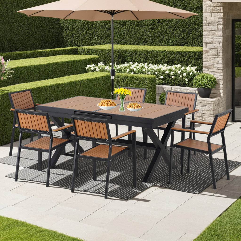 Lark Manor™ Expandable Outdoor Dining Set with 6 Woven Tape Chairs ...