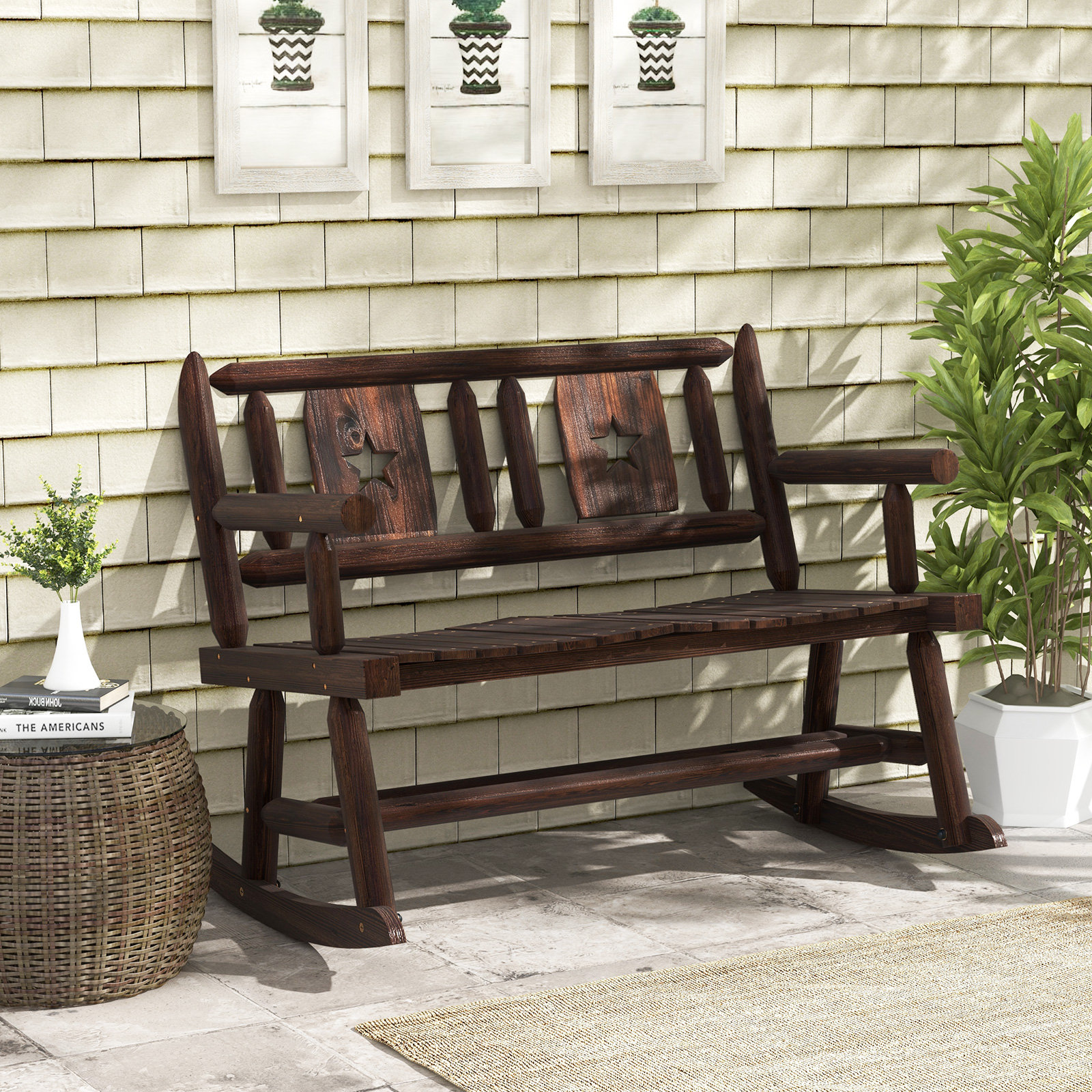 Winston Porter 1 Pc Patio Rocking Bench Carbonized Wood Double Rocker ...