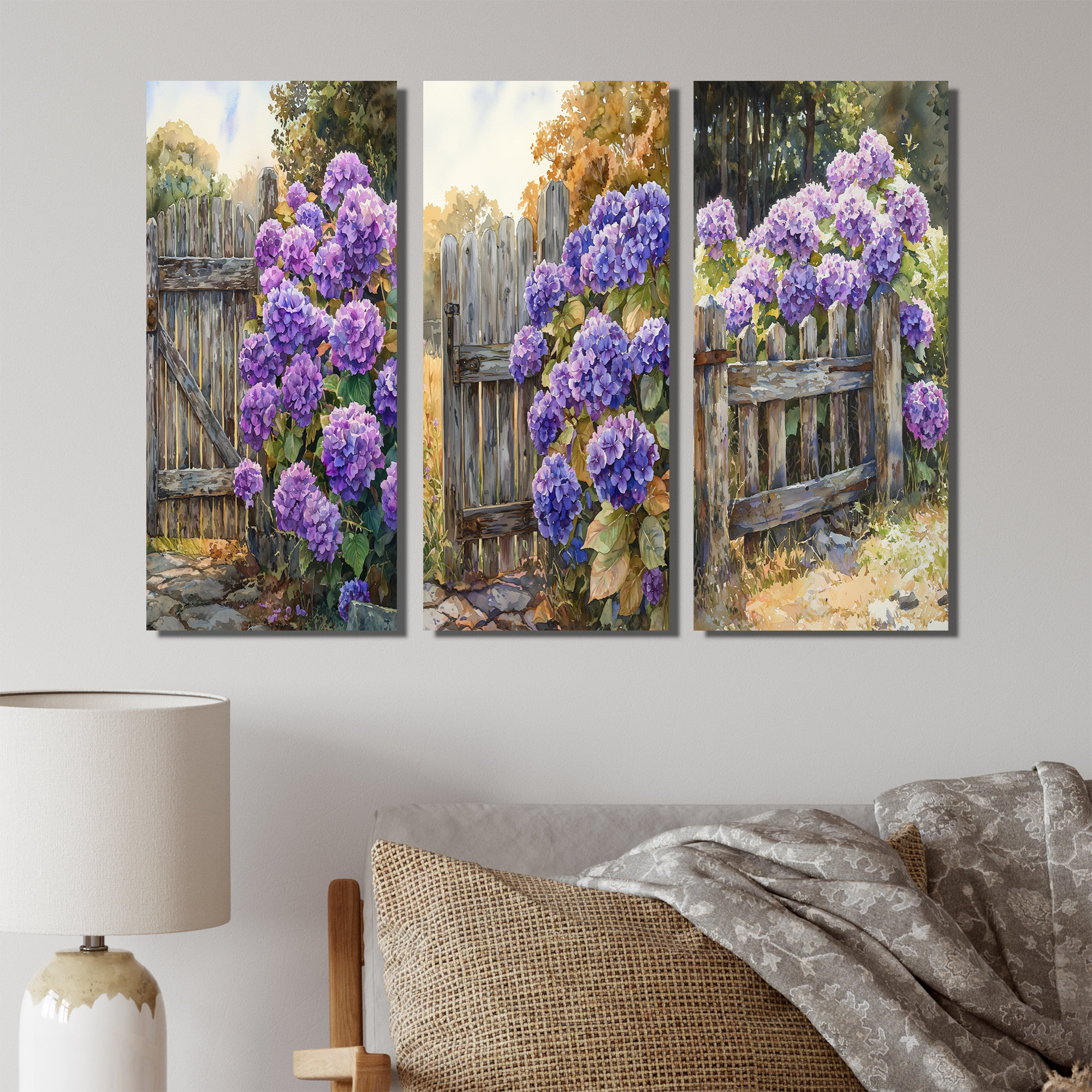 Lark Manor™ Summer Hydrangeas By The Farm Fence I - Gold Hydrangea Wall ...