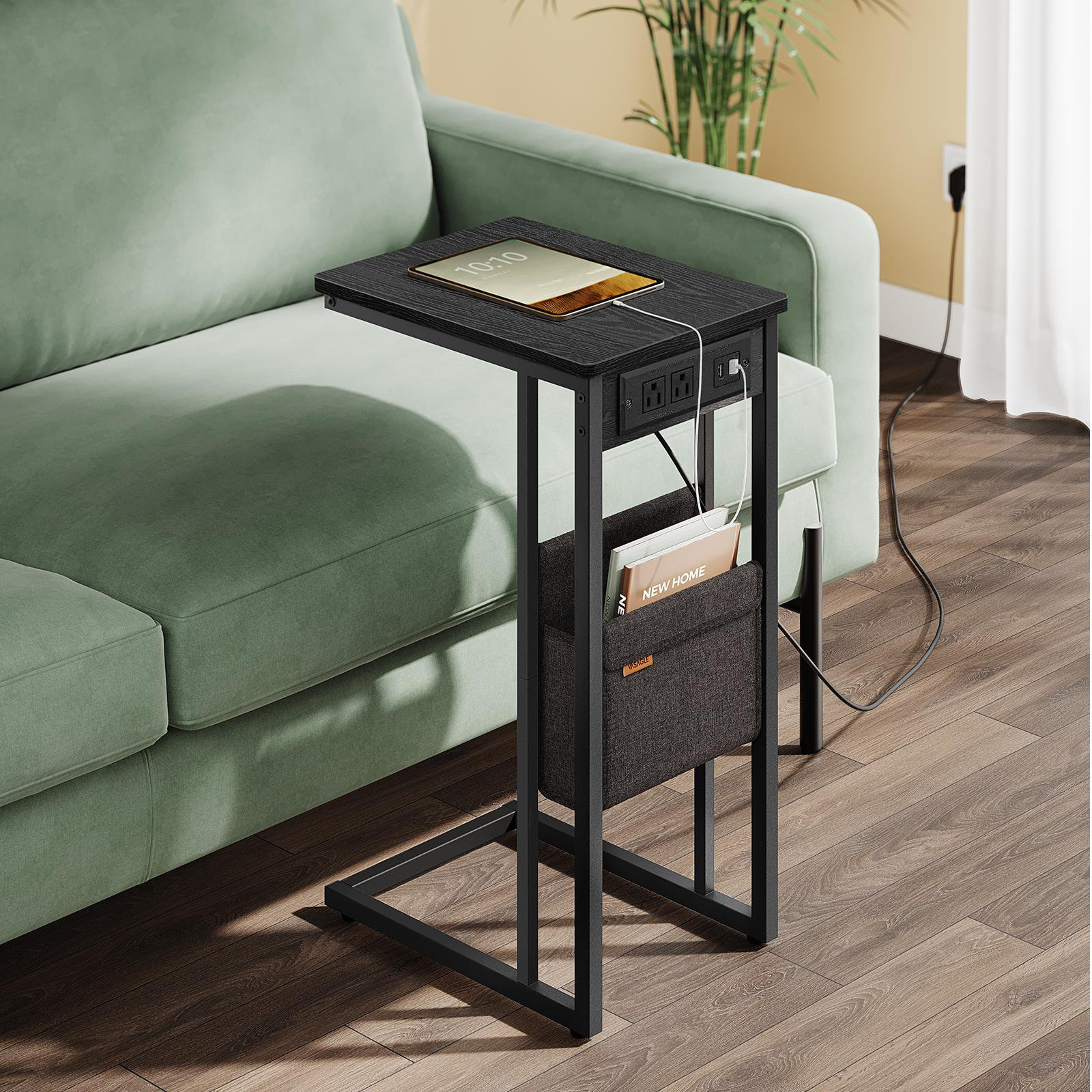 Ebern Designs C-shaped End Table With Charging Station, 2 Usb Ports And ...