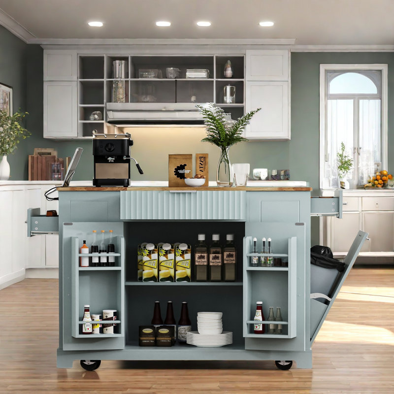 Lark Manor™ Fluted Kitchen Island With Tilt-out Trash Can, Power Outlet ...