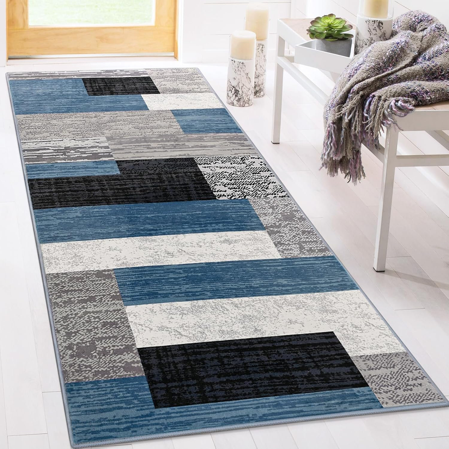 WINUAL Modern Geometric Patchwork Area Rug, 2X6 Blue Runner Rugs For ...