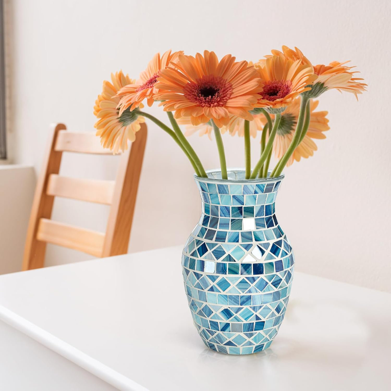 THIROX Mosaic Vase, Glass Blue Flower Vases For Centerpieces, Handmade ...