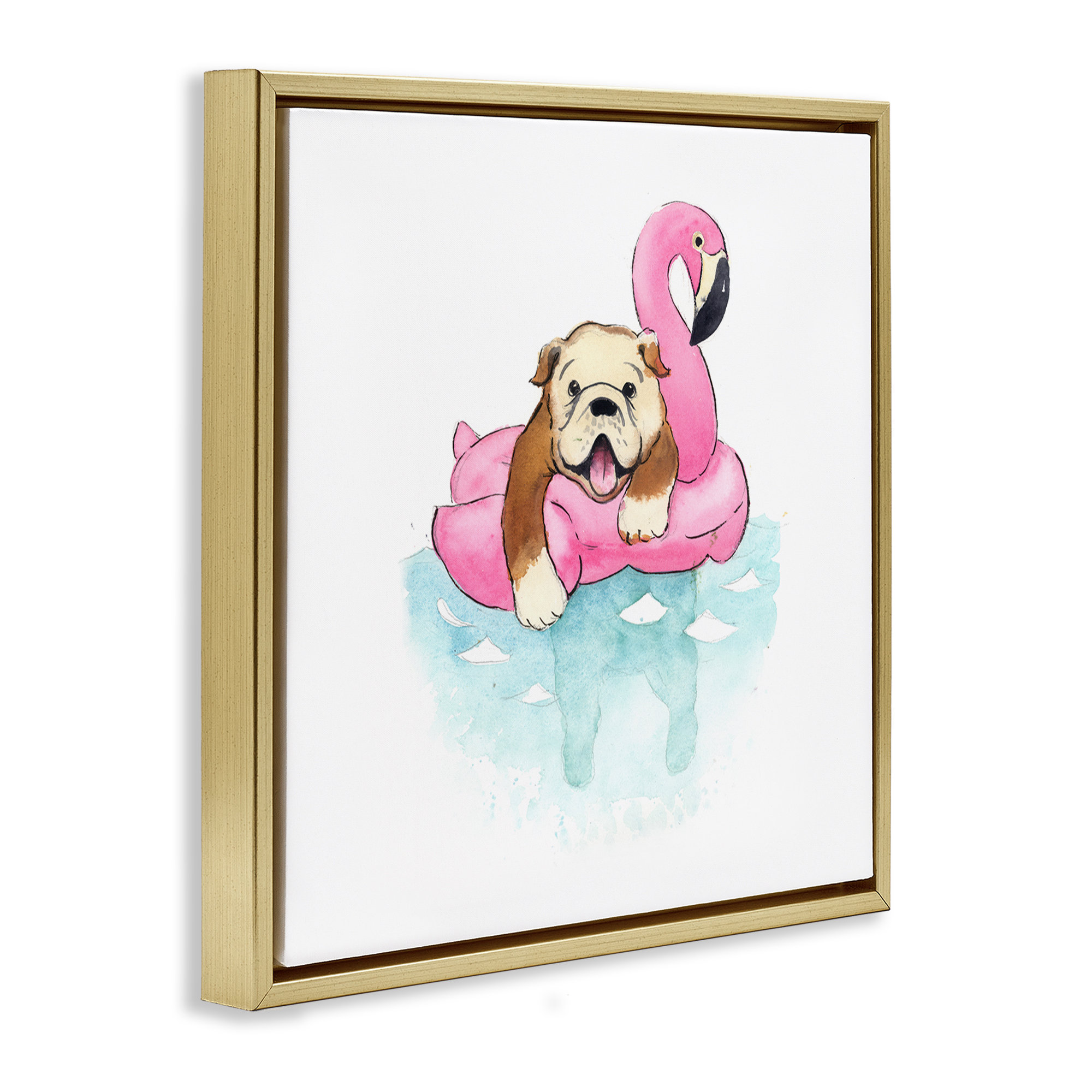 Zoomie Kids Bulldog in Pool Float Gold Framed Floater Canvas Wall Art ...