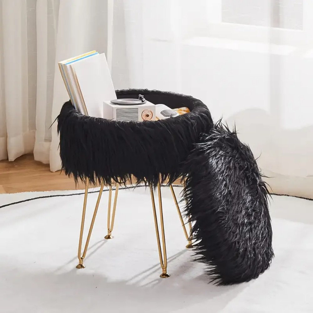 Mercer41 Faux Fur Storage Ottoman Round Furry Vanity Stool Marble Grain ...