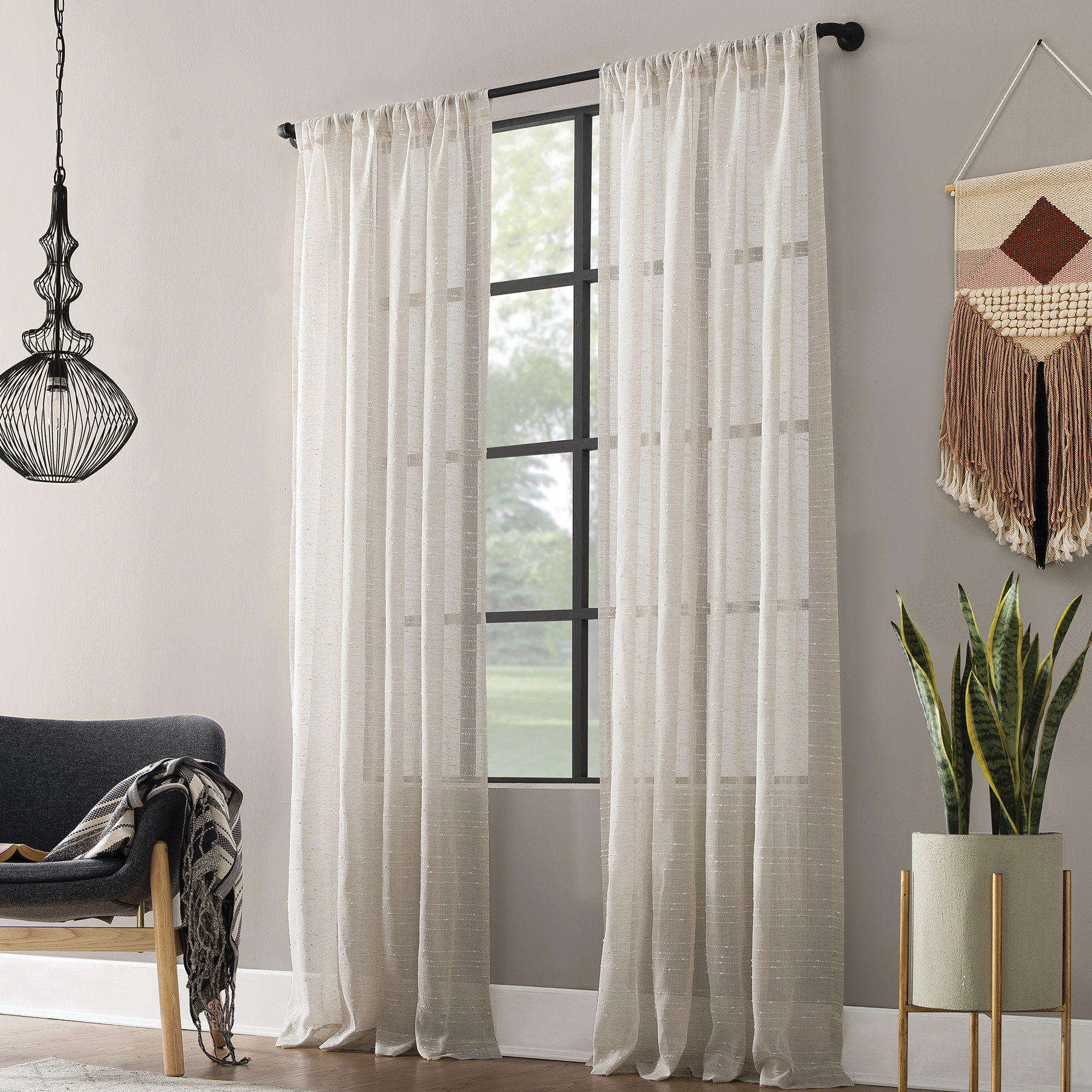 Clean Window Textured Slub Anti-Dust Striped Semi-Sheer Rod Pocket ...