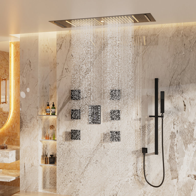 CASAINC 35”L x 12”W Flush-Mount LED Bluetooth Music Rainfall Shower ...