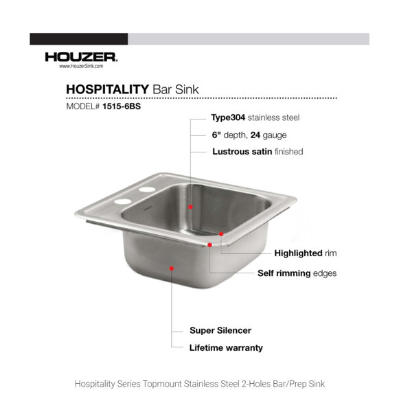 Houzer Hospitality Topmount Stainless Steel 15" Single Bowl Bar Prep ...