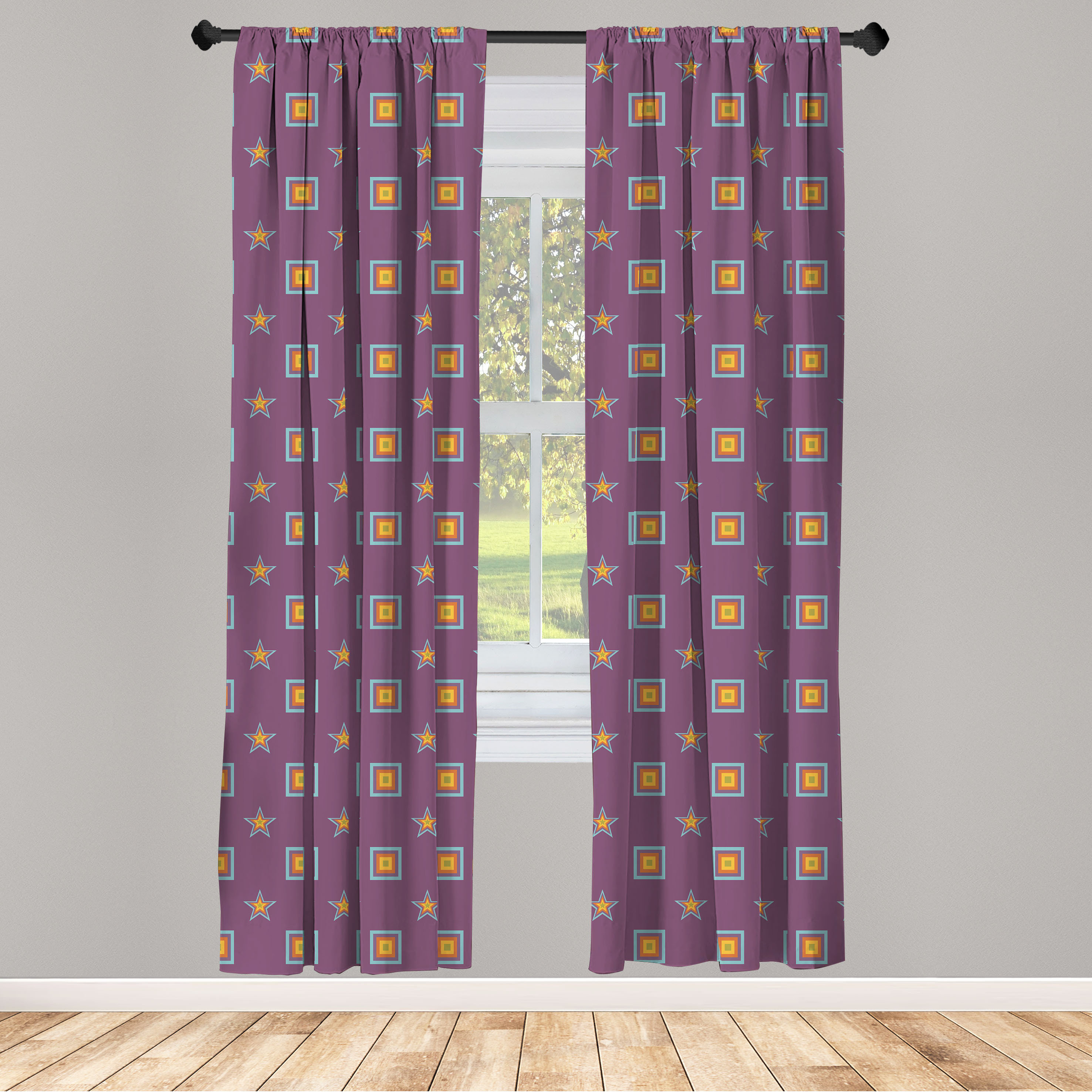 Bungalow Rose Purple 4-Panel Curtains, Nested Squares and Stars, Pale ...