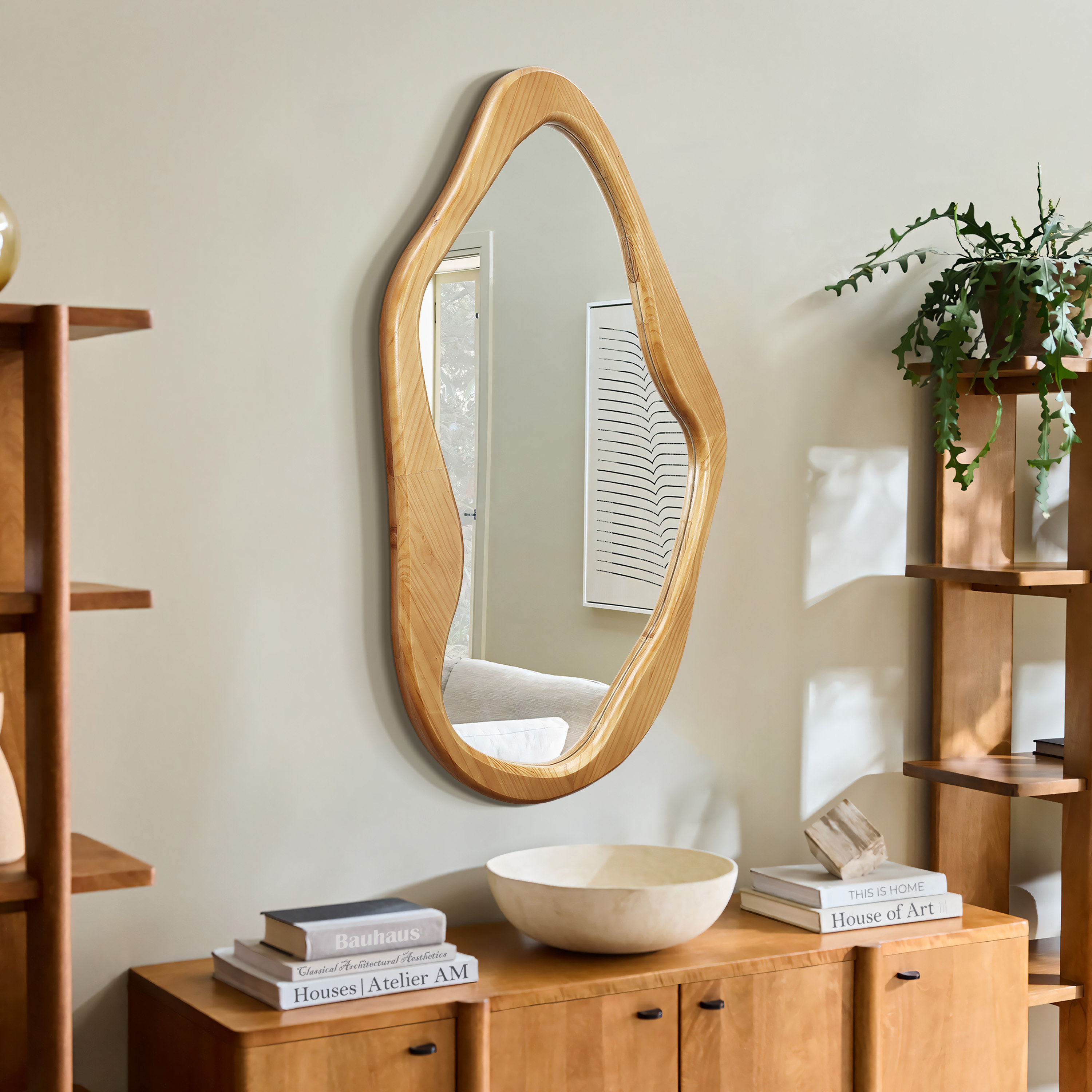 Wade Logan® Asymmetrical Natural Pine Wood Frame Free Form Wall Mirror ...