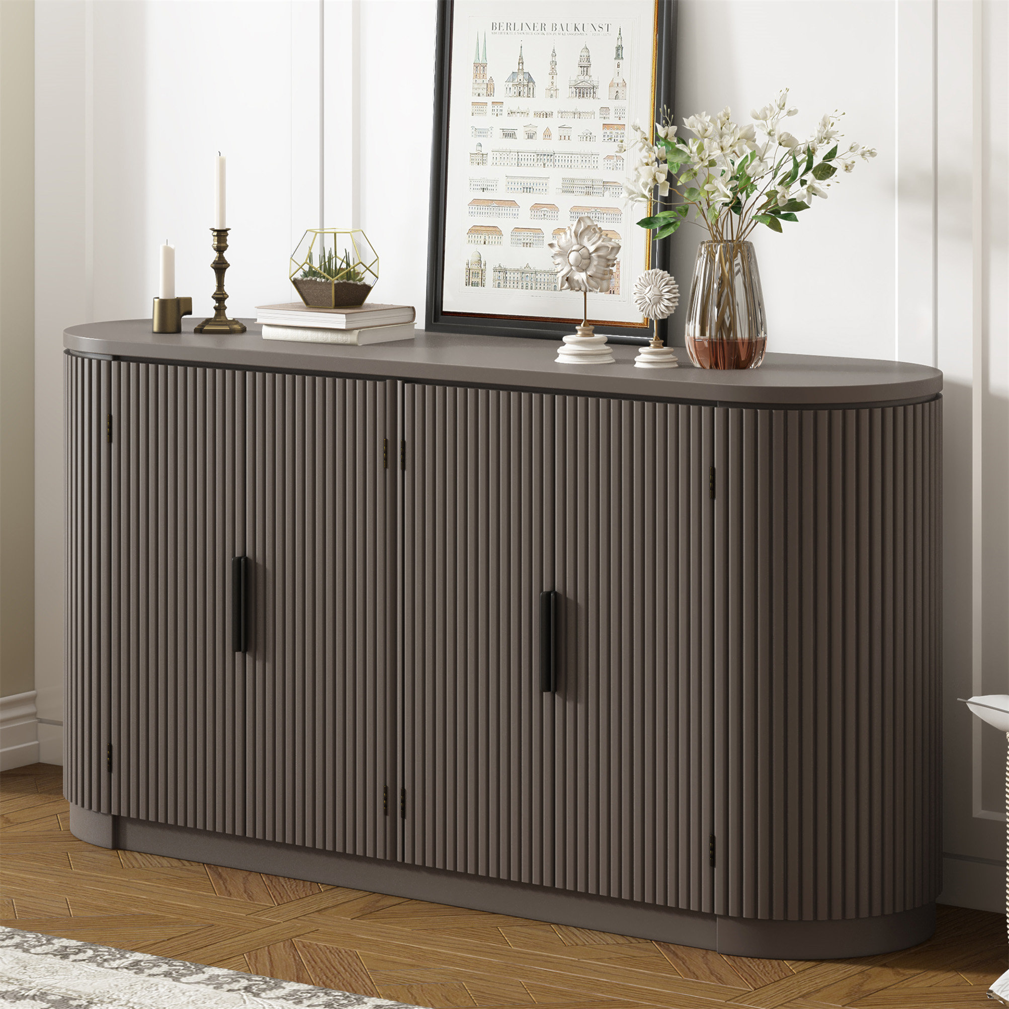 Ebern Designs Versatile Vertical Striped Cabinet With Metal Handles And ...