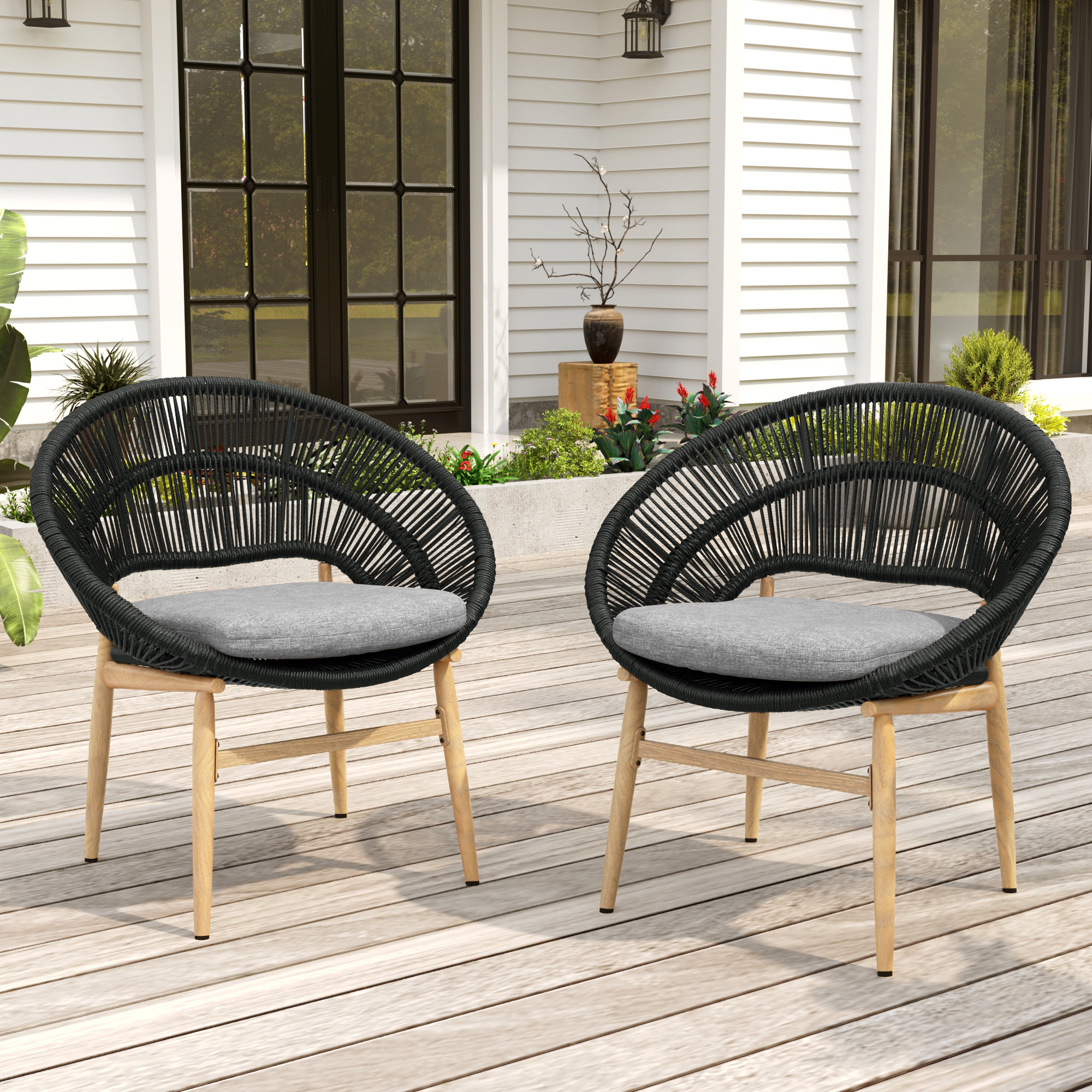 NFusion Dariel Patio Funnel-Back PE Rattan Dining Chairs With Cushions ...