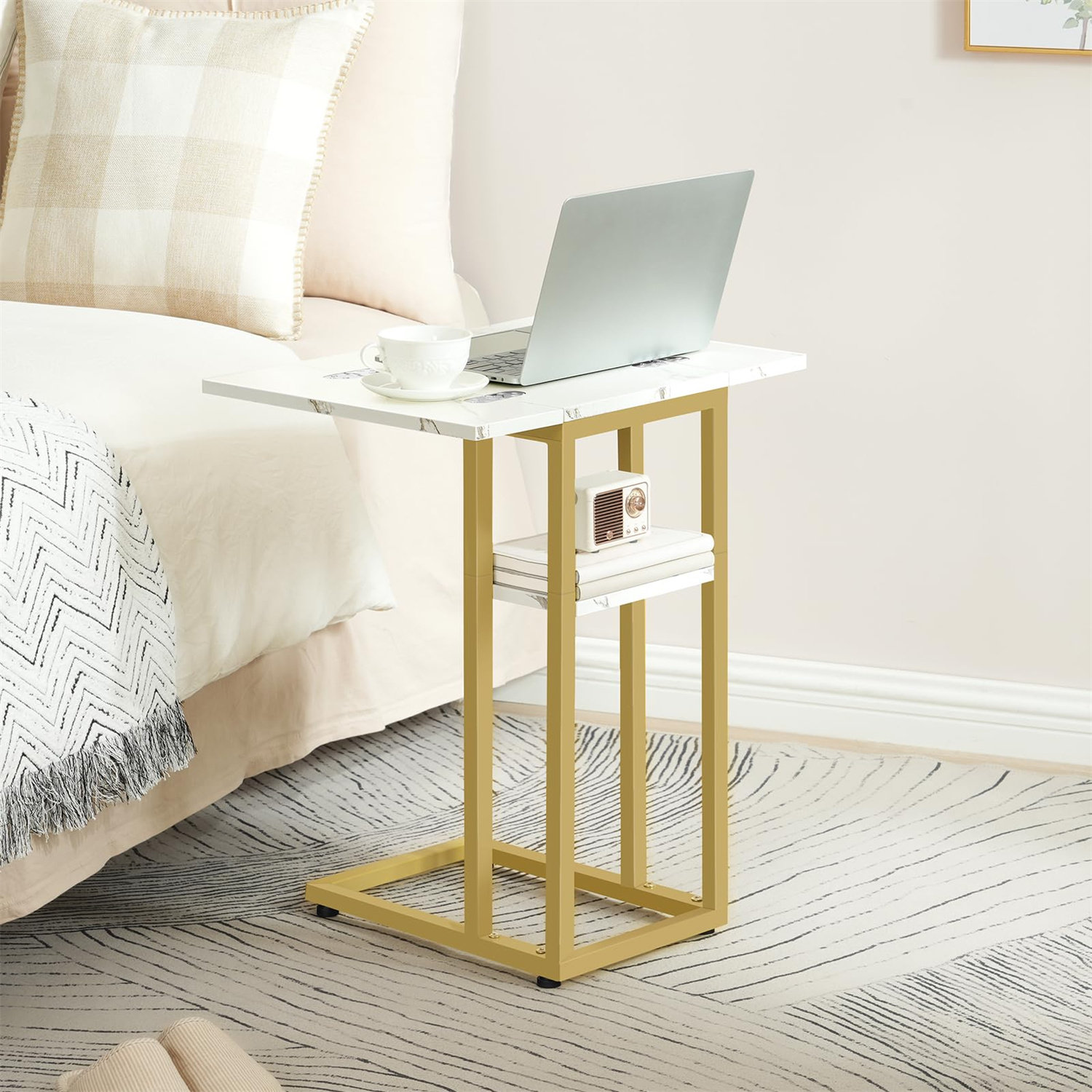 Everly Quinn Foldable End Table, Gold C-Shaped Side Table with Storage ...