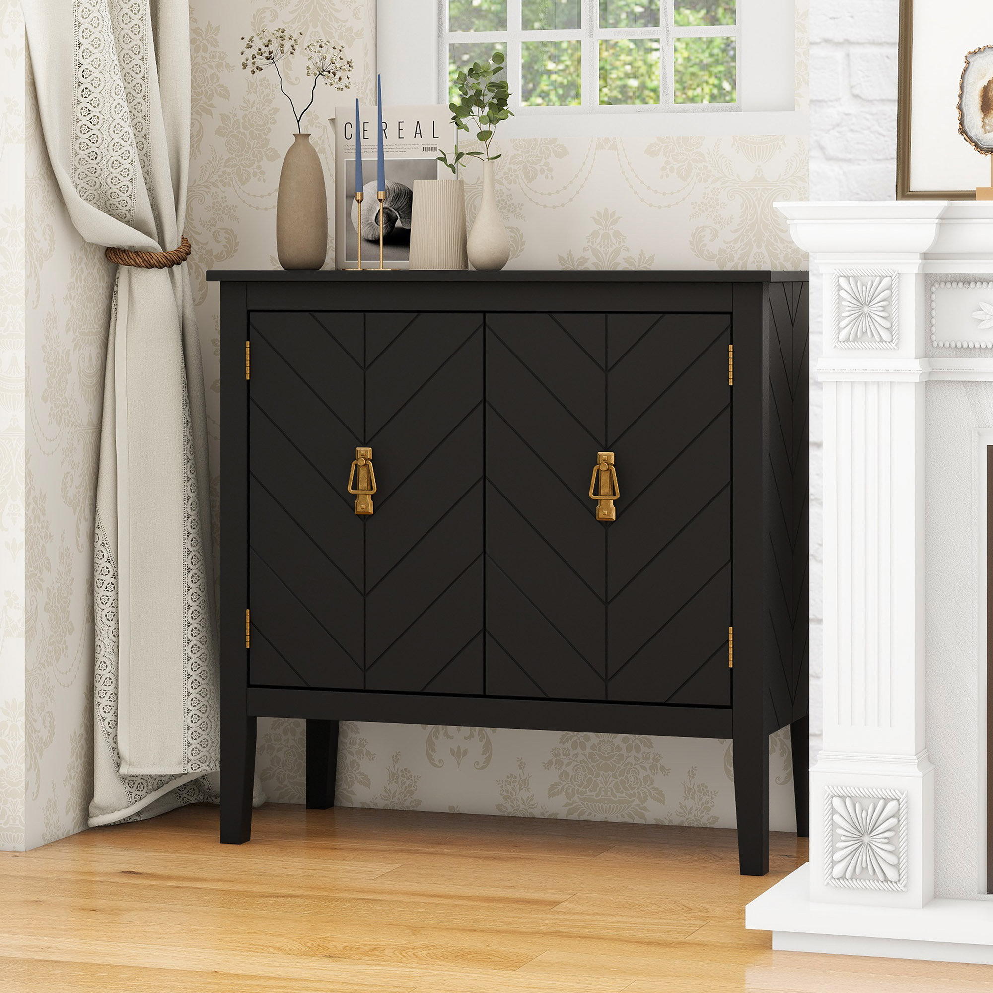 Winston Porter 2 Door Wooden Cabinets, Black Wood Cabinet Vintage Style ...