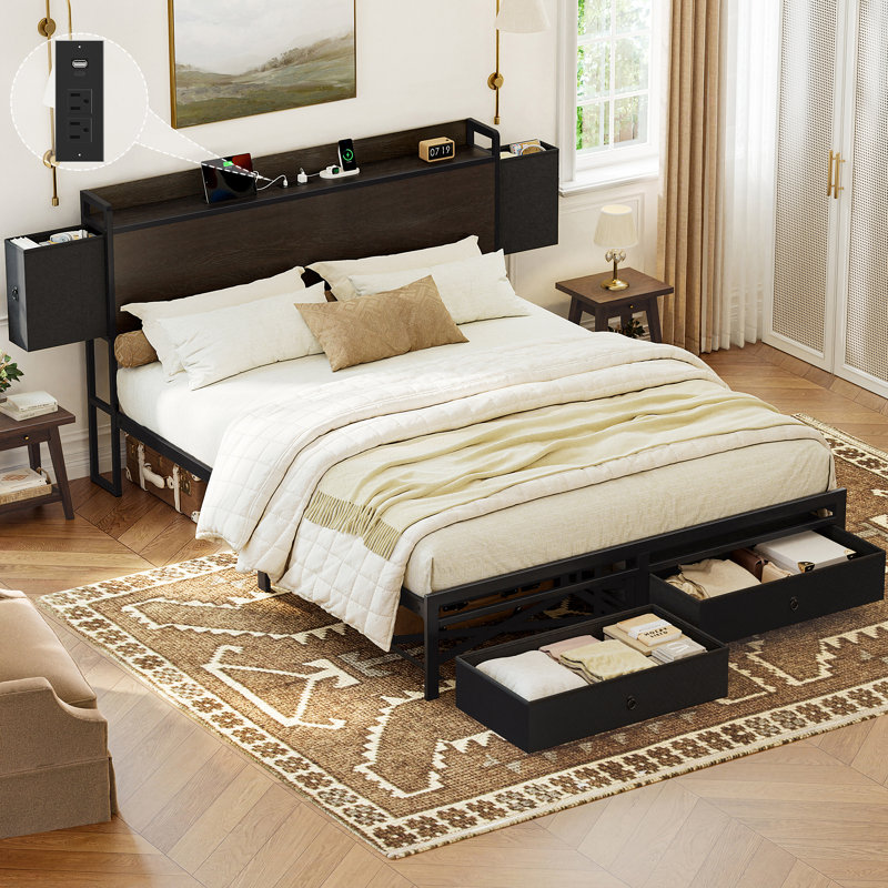 17 Stories Alevtina Bed Frame with 2 Bedside Drawers & 2 Underbed ...