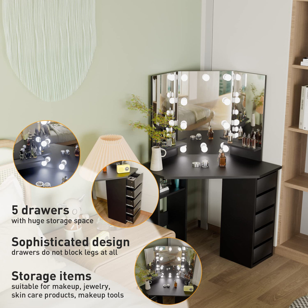 Latitude Run Adest Tri-Fold Mirror Dressing Table with 5 Drawers and 3 ...