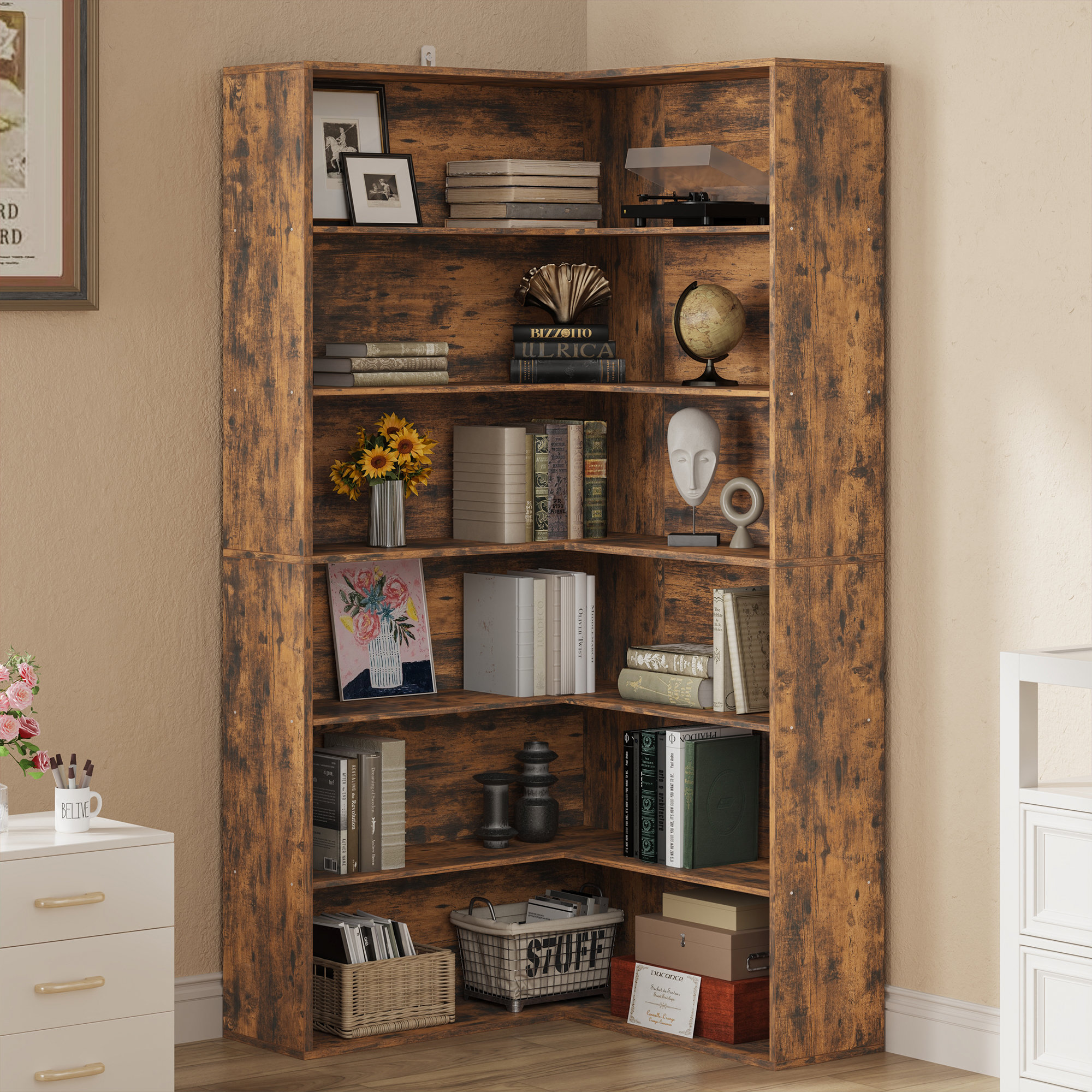 Millwood Pines Corner Bookshelf With Baffles, 6 Tier Large Corner Shelf ...
