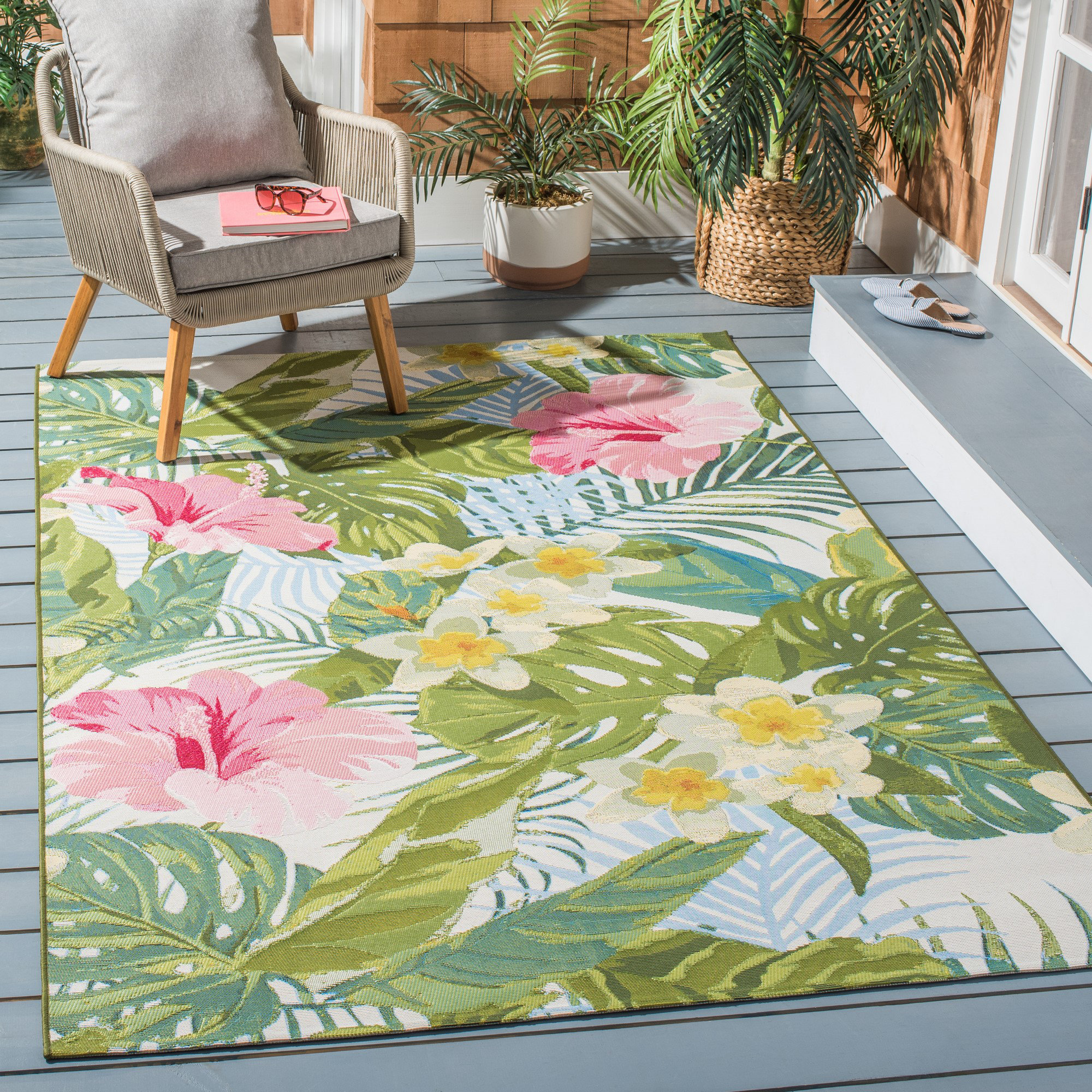 Bayou Breeze Ithaca Floral Green/Pink Indoor / Outdoor Area Rug ...