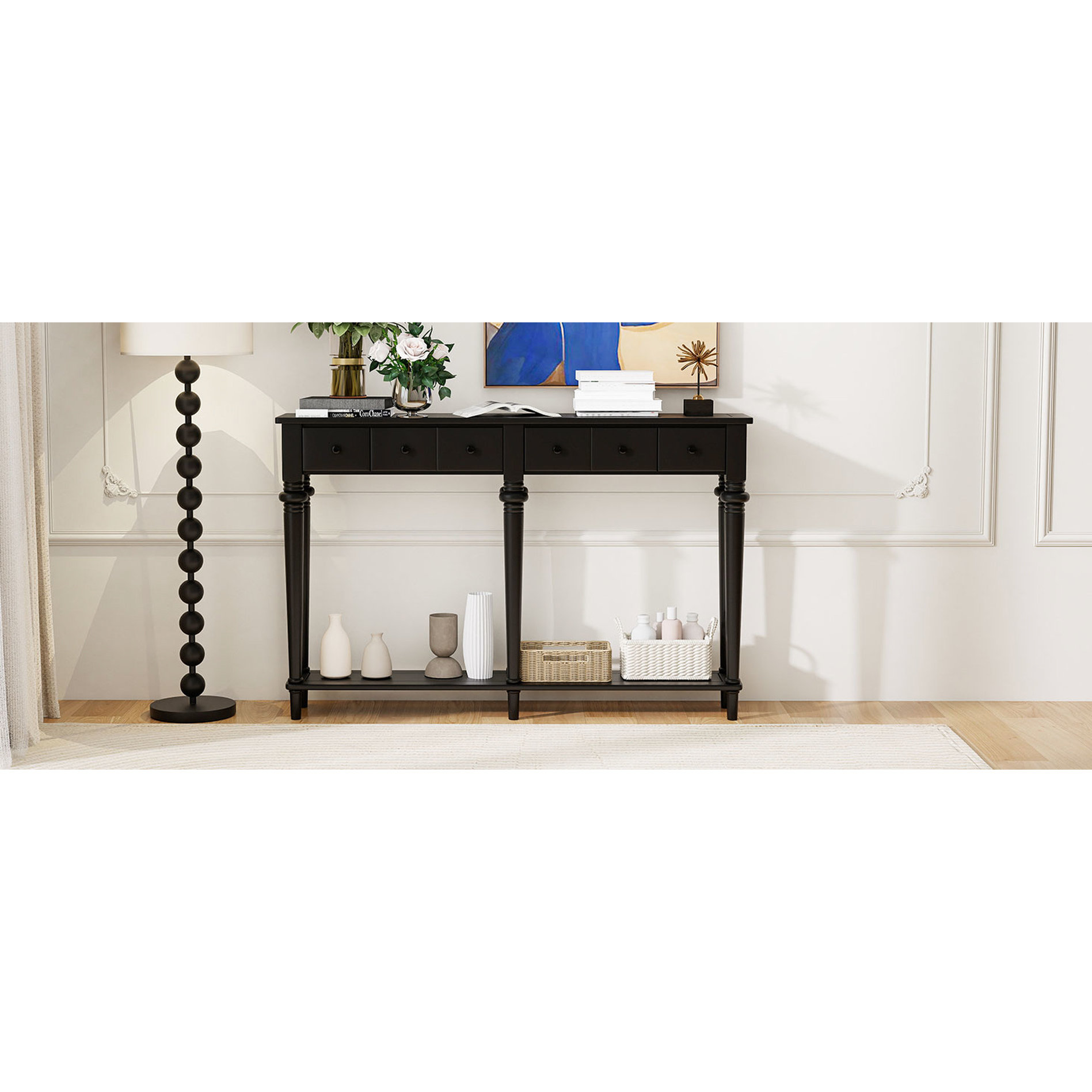 Latitude Run® Retro 4 - Drawer Hallway Table, Black, Pine Veneer Finish ...