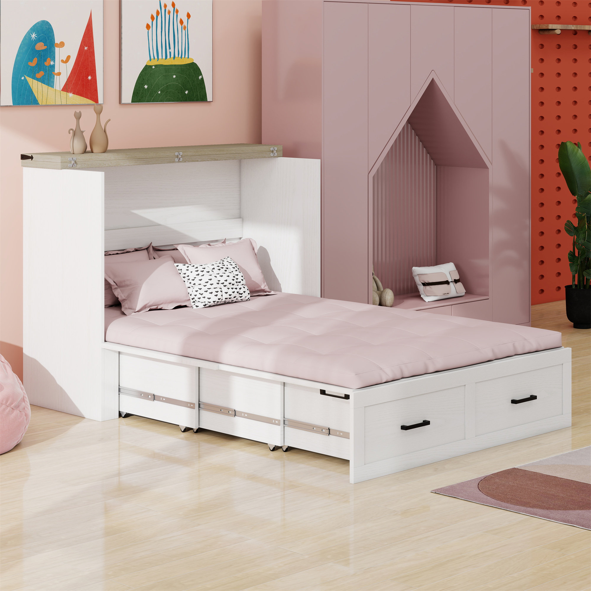 Gracie Oaks Murphy Cabinet Bed With Foldable Platform Bed With Large ...