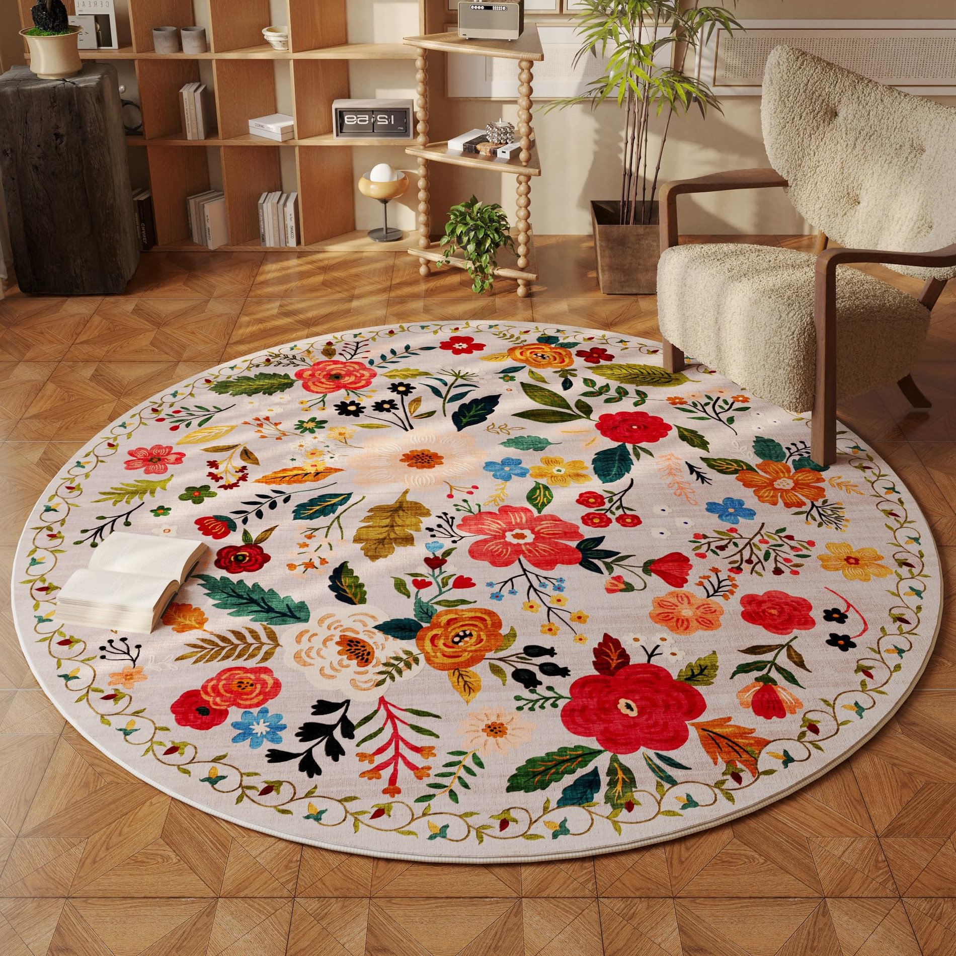 Lark Manor Boho Floral Round Rug 6Ft Washable Non Slip Low Pile ...