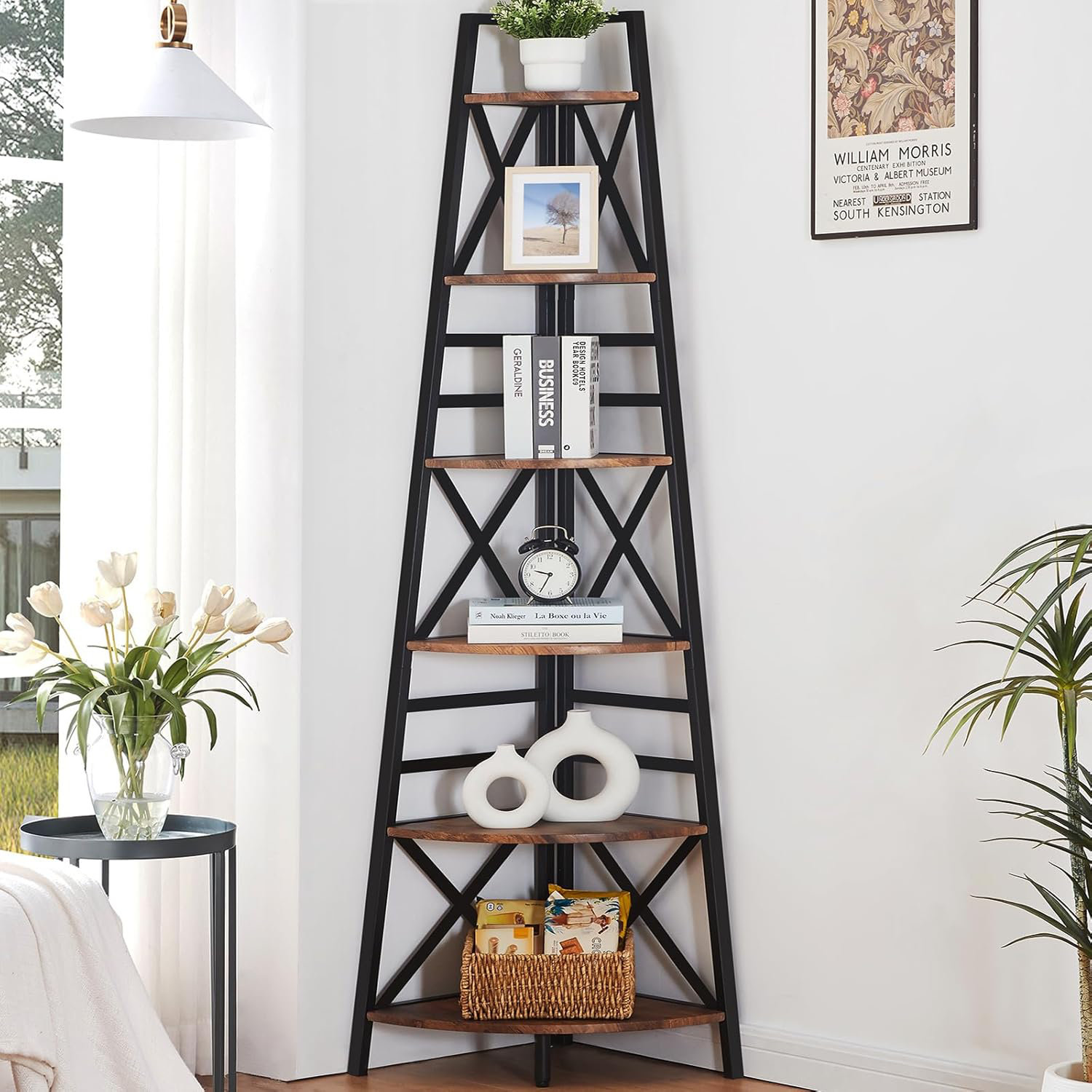 17 Stories 72" Industrial Rustic Corner Bookcase, 6-Tier Tall Ladder ...