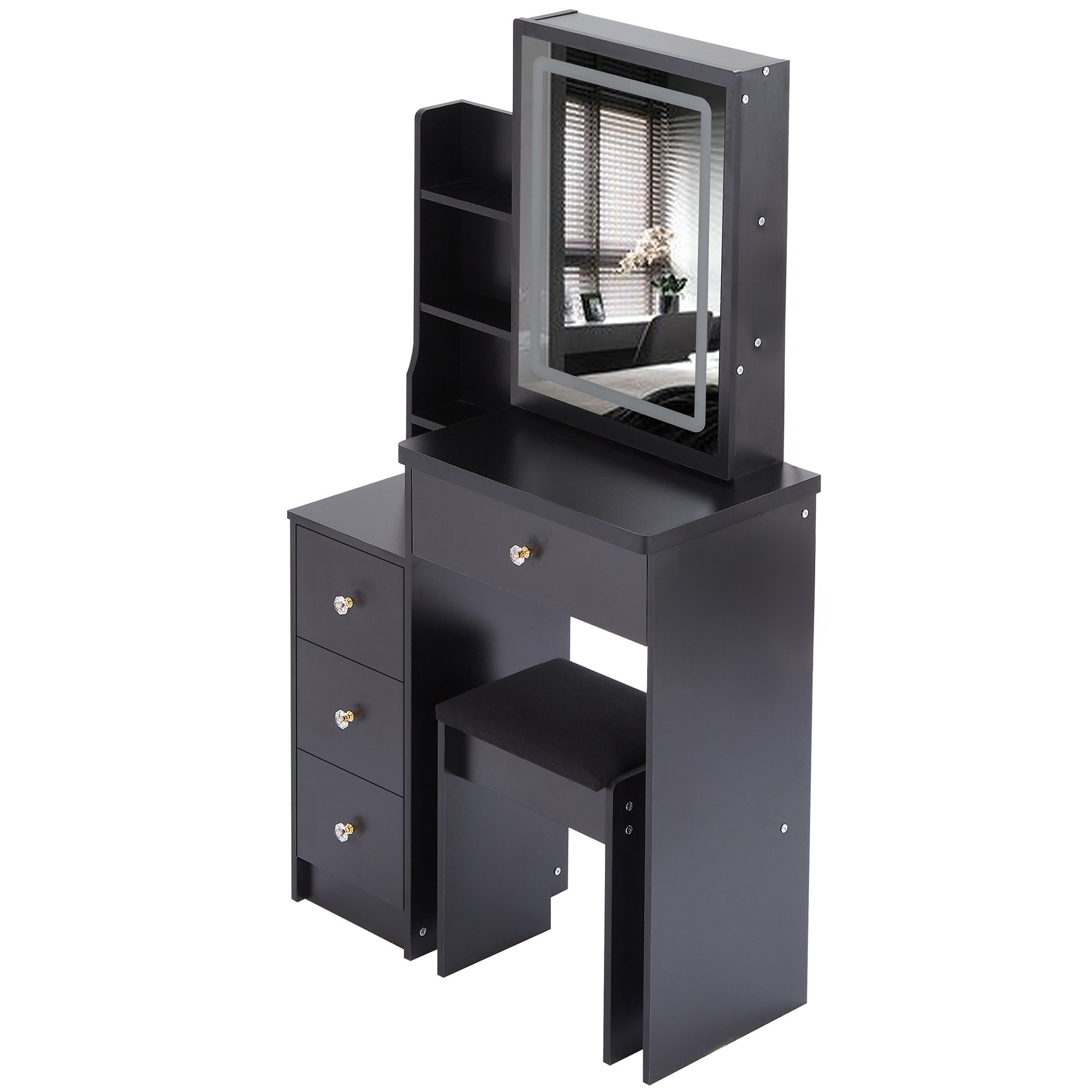 Latitude Run® Compact left bedside vanity table with cushioned stool ...