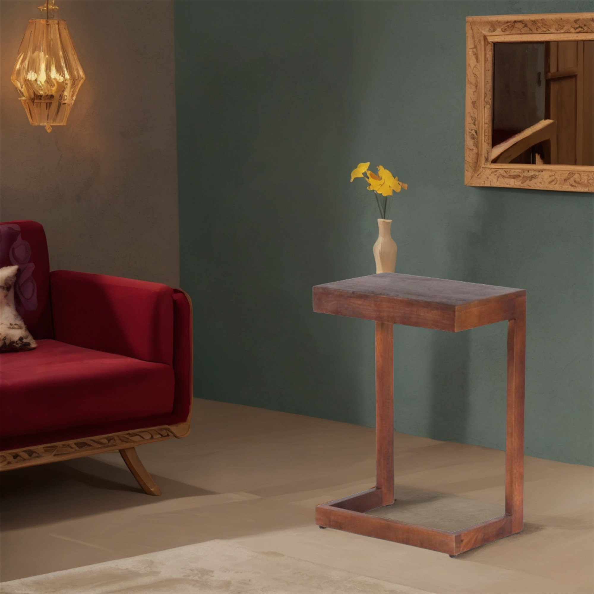 The Twillery Co.® Heywood C Shaped Side Table With Wooden Frame, Brown ...