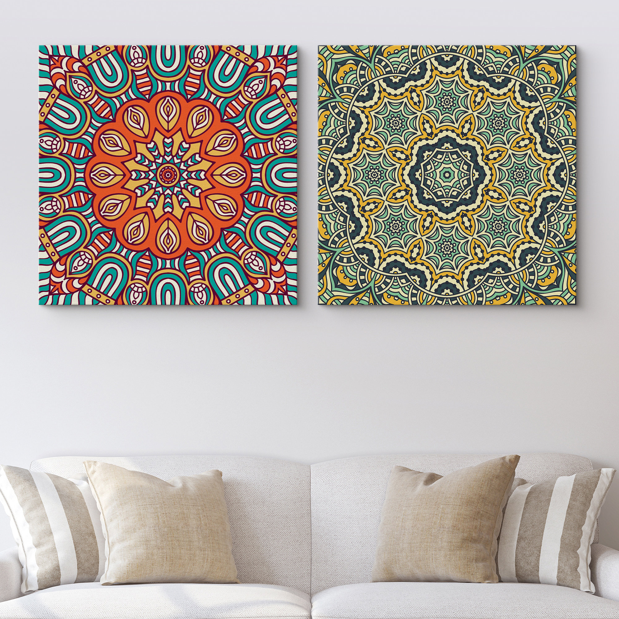 IDEA4WALL Mandala Variety Green and Orange Colorful Mandala Wall Art ...