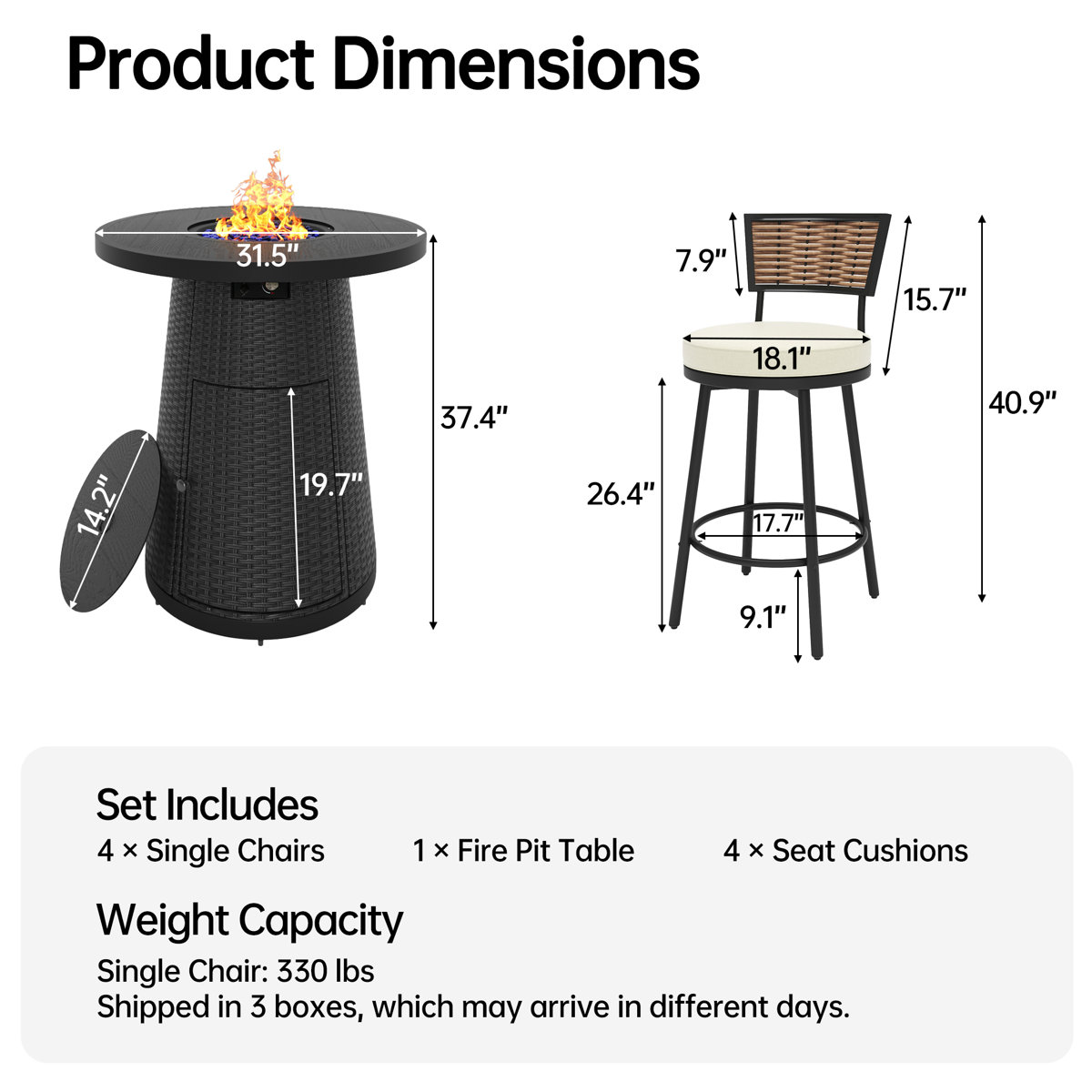 Bayou Breeze 37"H X 31.5“W Rattan Propane Outdoor Fire Table With 4 ...