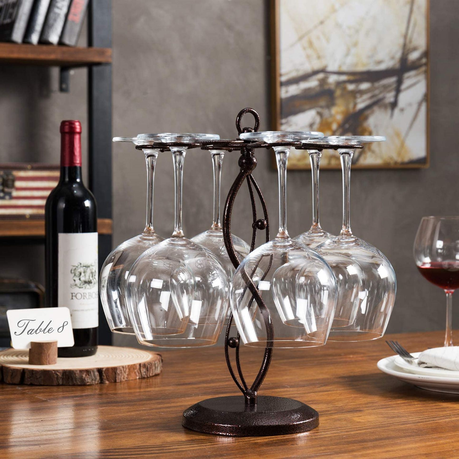 Winston Porter Black Metal Countertop Wine Glass Holder With Scrollwork ...