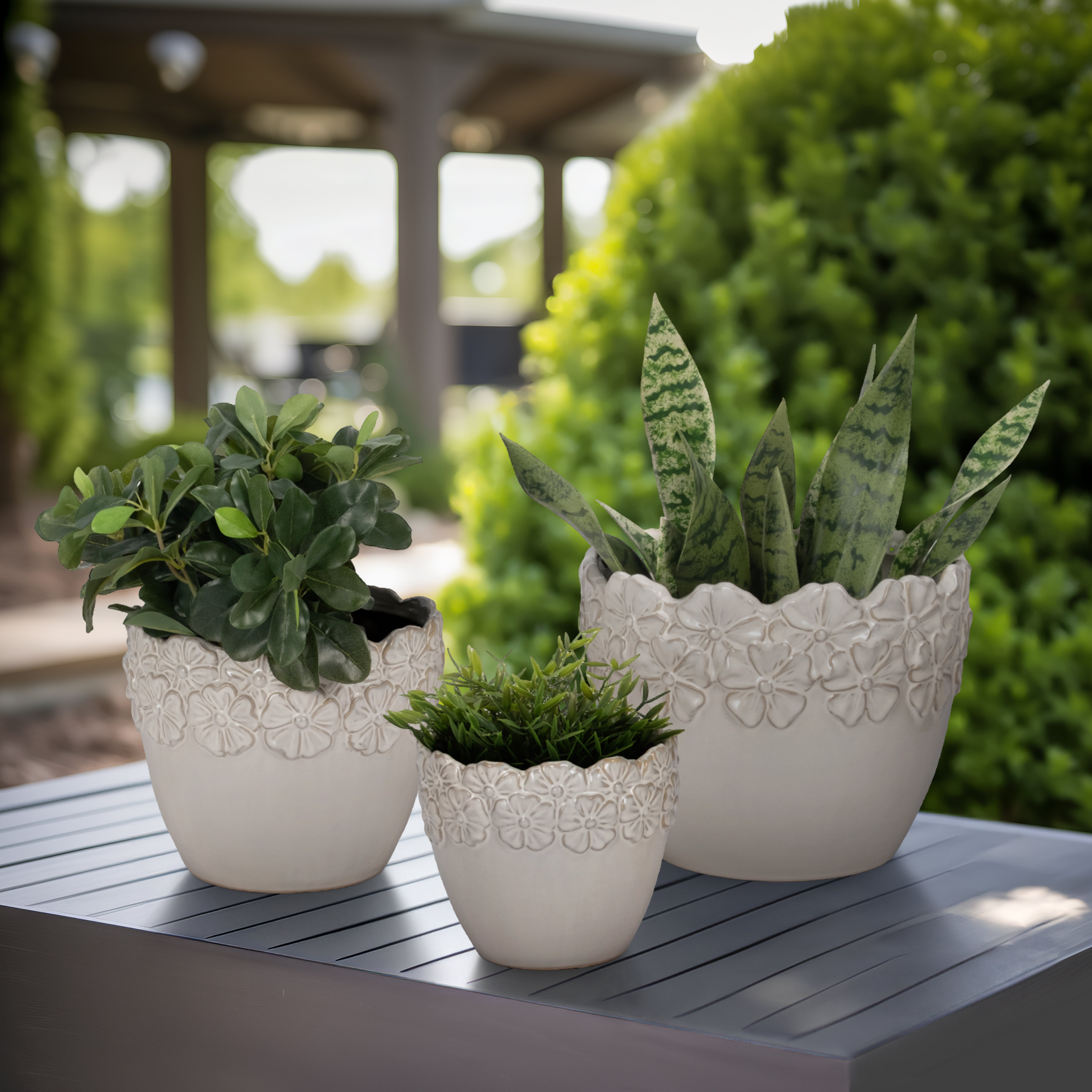 Ophelia & Co. Stoneware Ceramic Planter Set with Floral Embossed Design ...