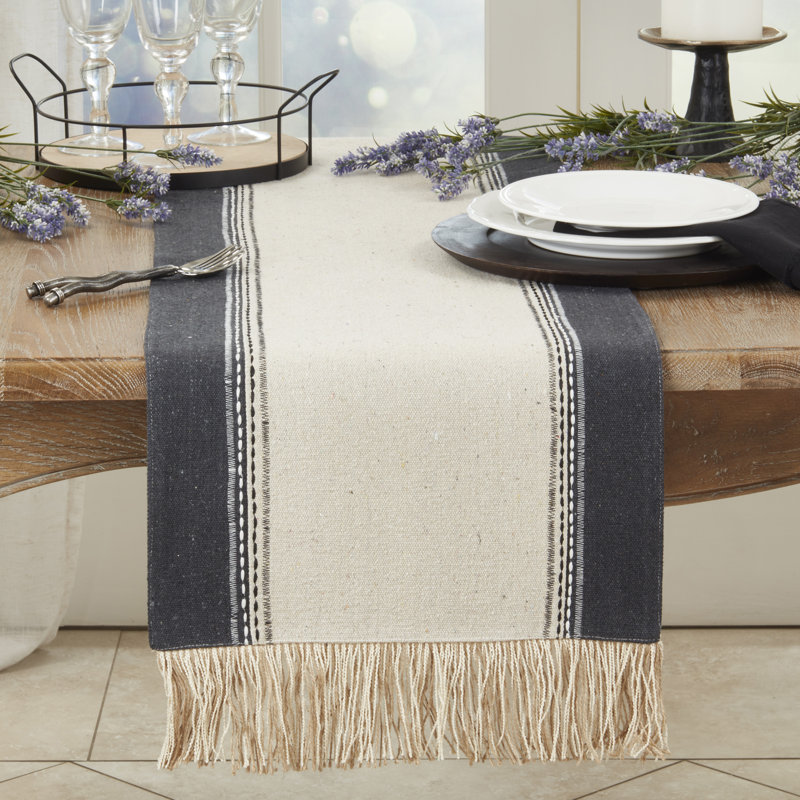 Saro Fringe Detail Banded Table Runner | Wayfair