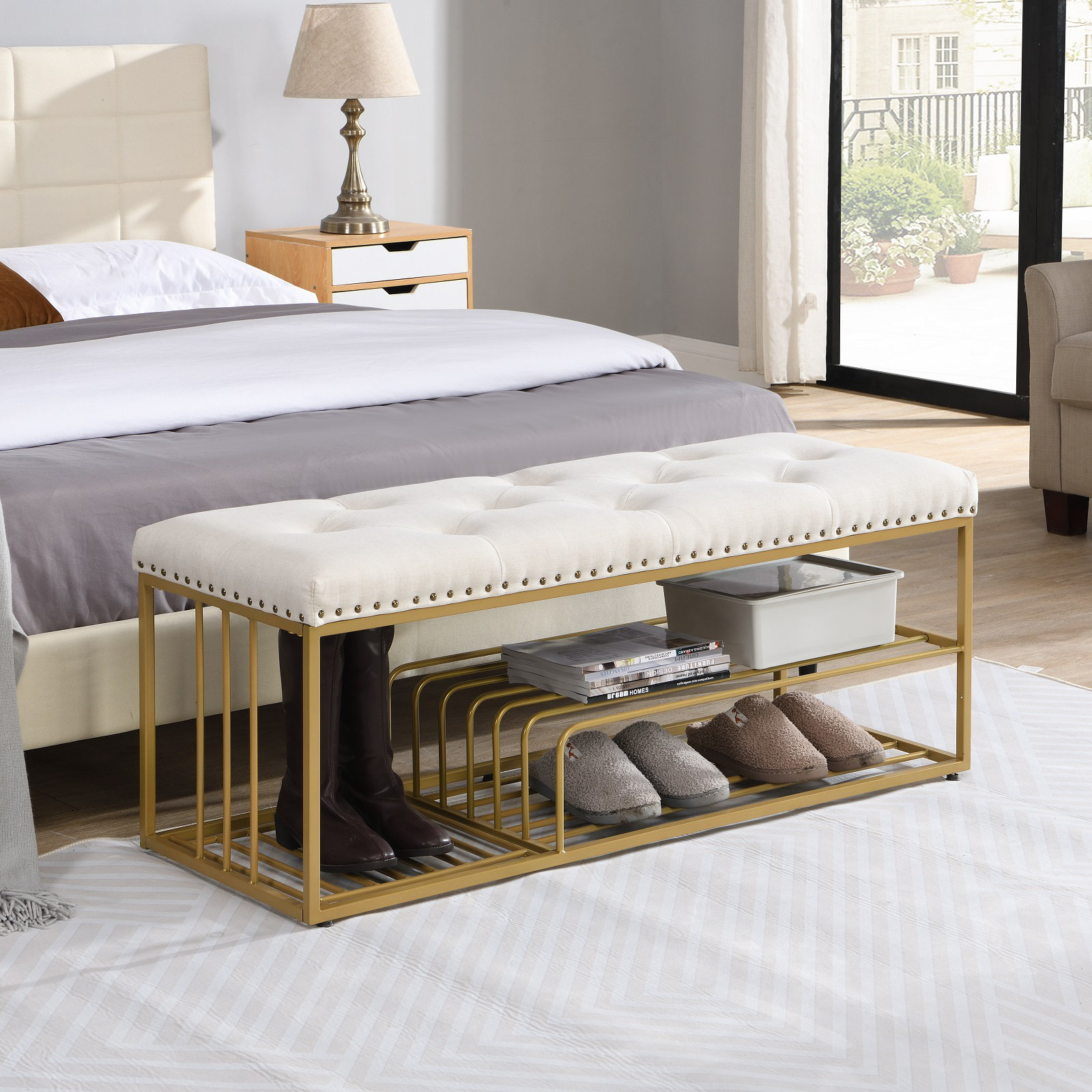 Rosdorf Park Iassac 12 Pairs Shoes Storage Bench Metal Shoes Rack ...