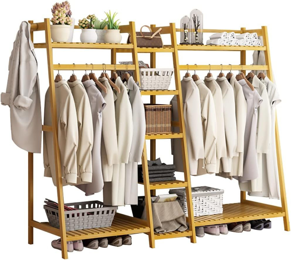 Rebrilliant Bamboo Deluxe Clothing Shelf with Hanging Rods and Storage ...