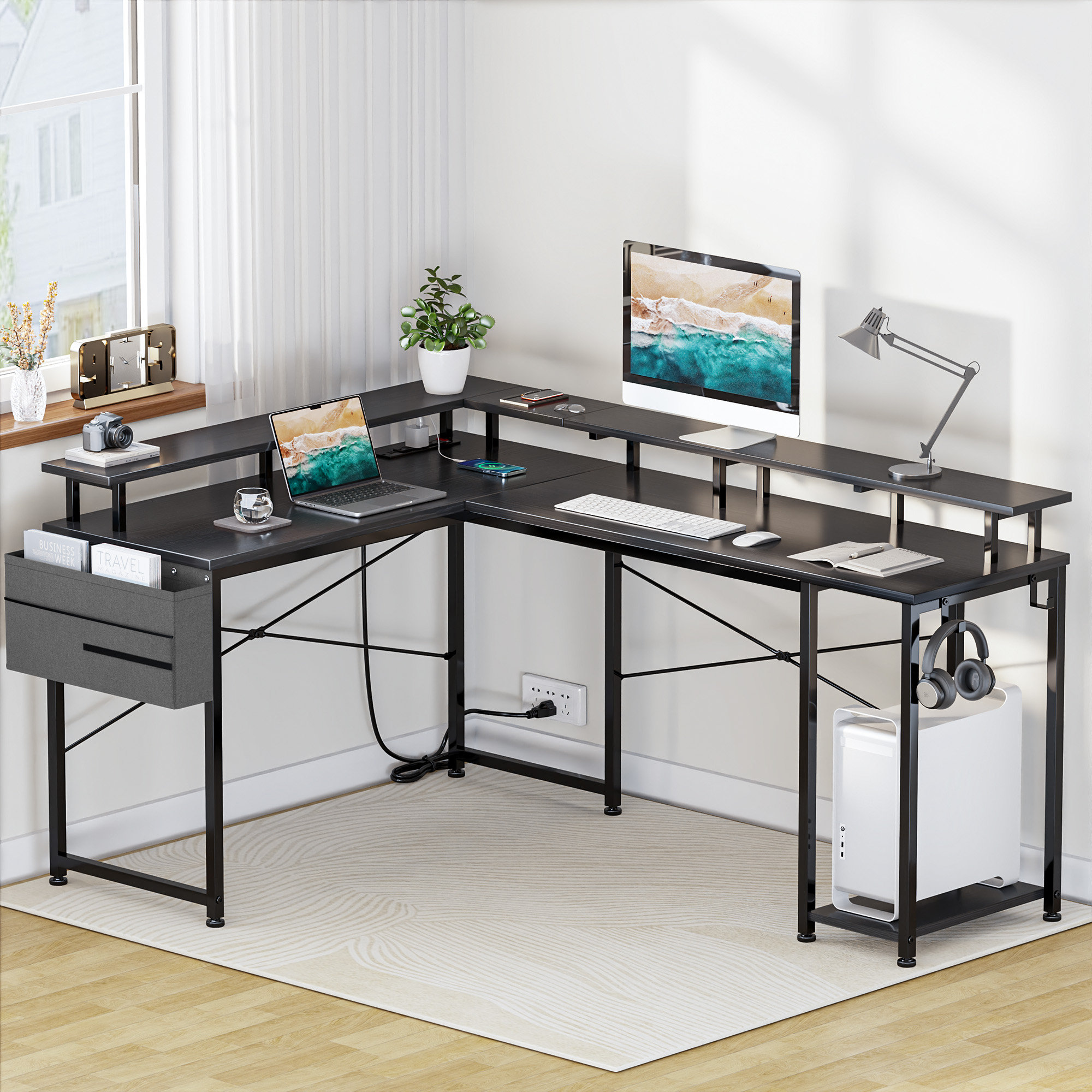 Ebern Designs Rigny 66.4" L Shaped Desk with Outlets & USB Ports ...