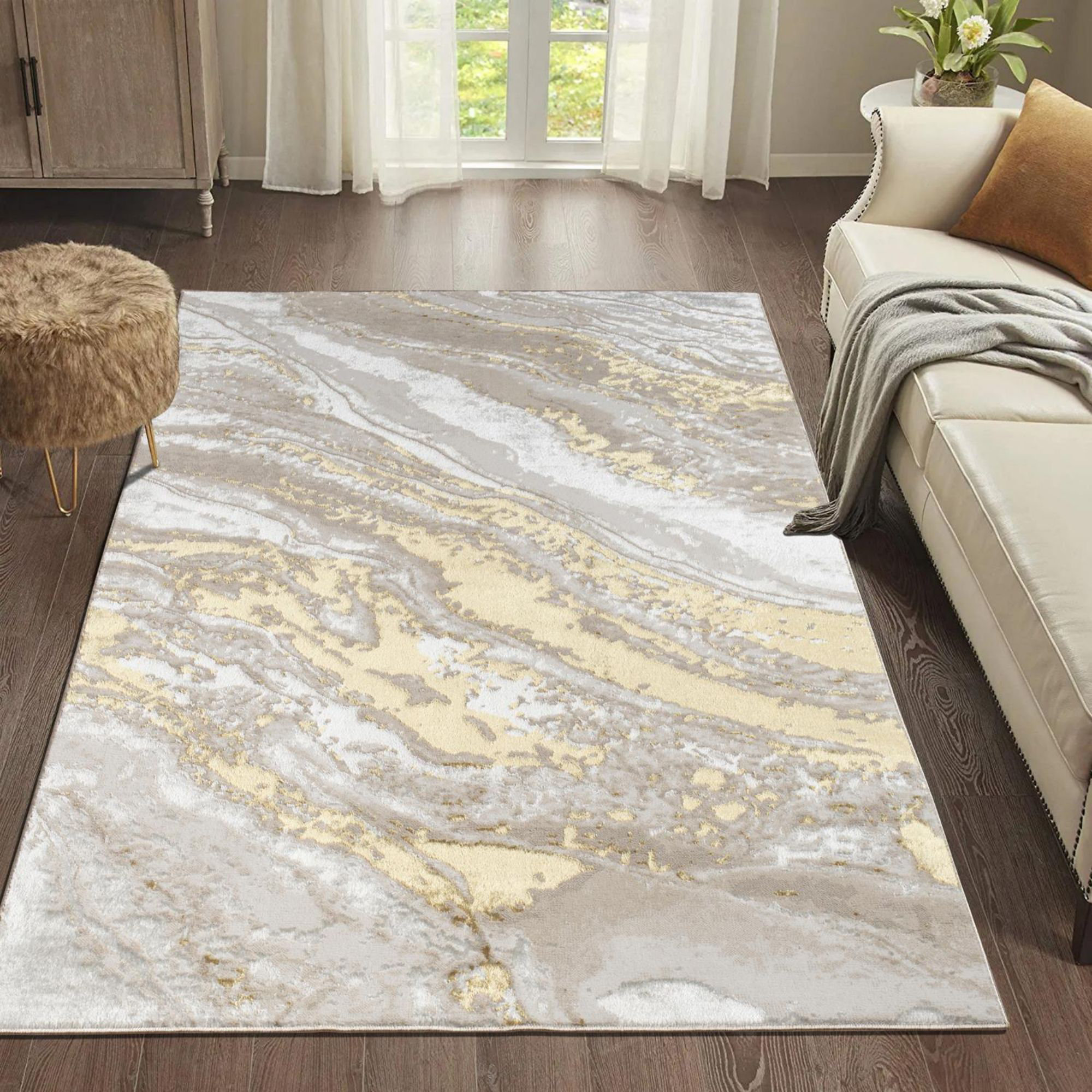 Mercer41 Luxury Area Rug in Beige and Gold Abstract Design - Wayfair Canada