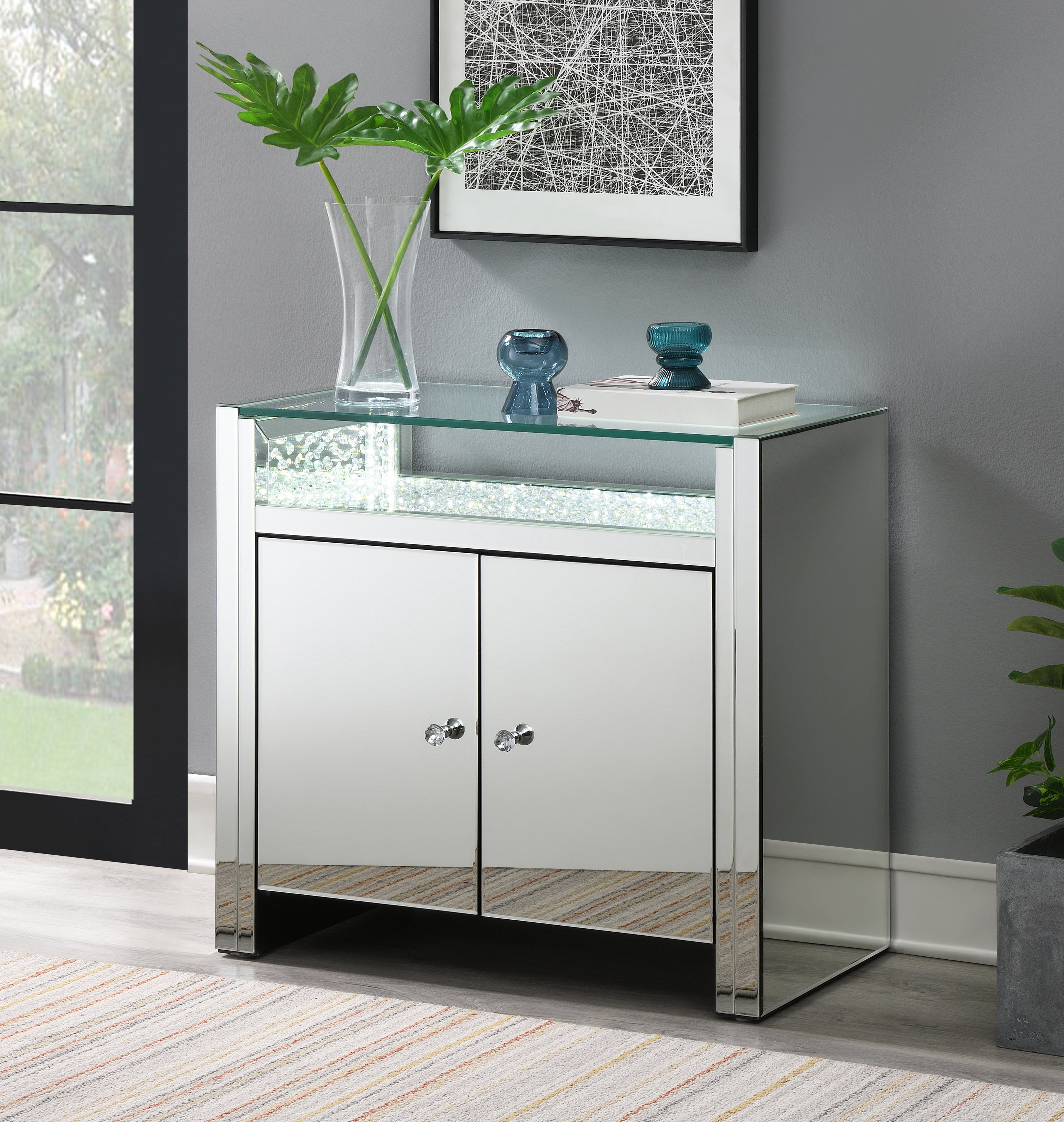 Everly Quinn Marinette 2-Door Accent Cabinet with Glass Top in Mirrored ...