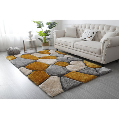 Orren Ellis Thionville Abstract Shag Mustard/Gray/Beige Area Rug ...