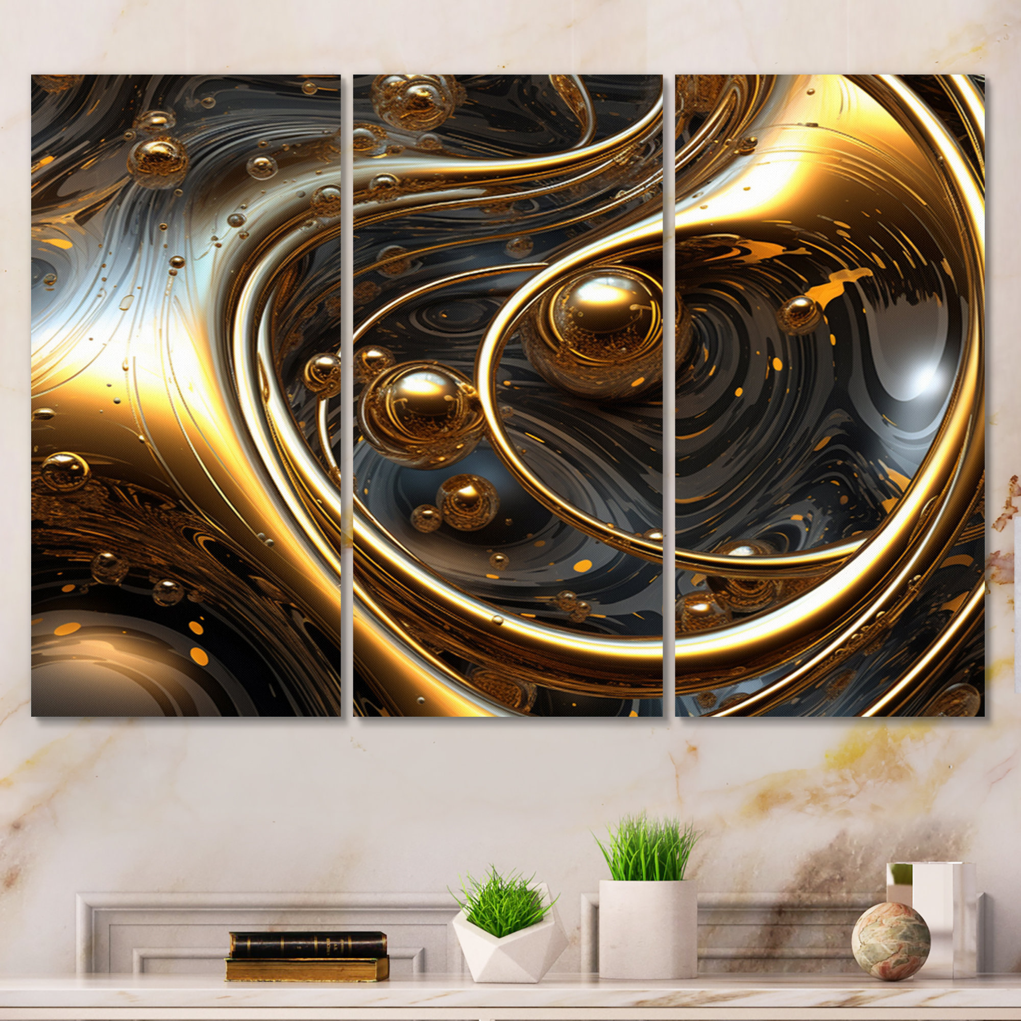Willa Arlo™ Interiors Gold Black Fractal Tide II - Fractals Metal Art ...