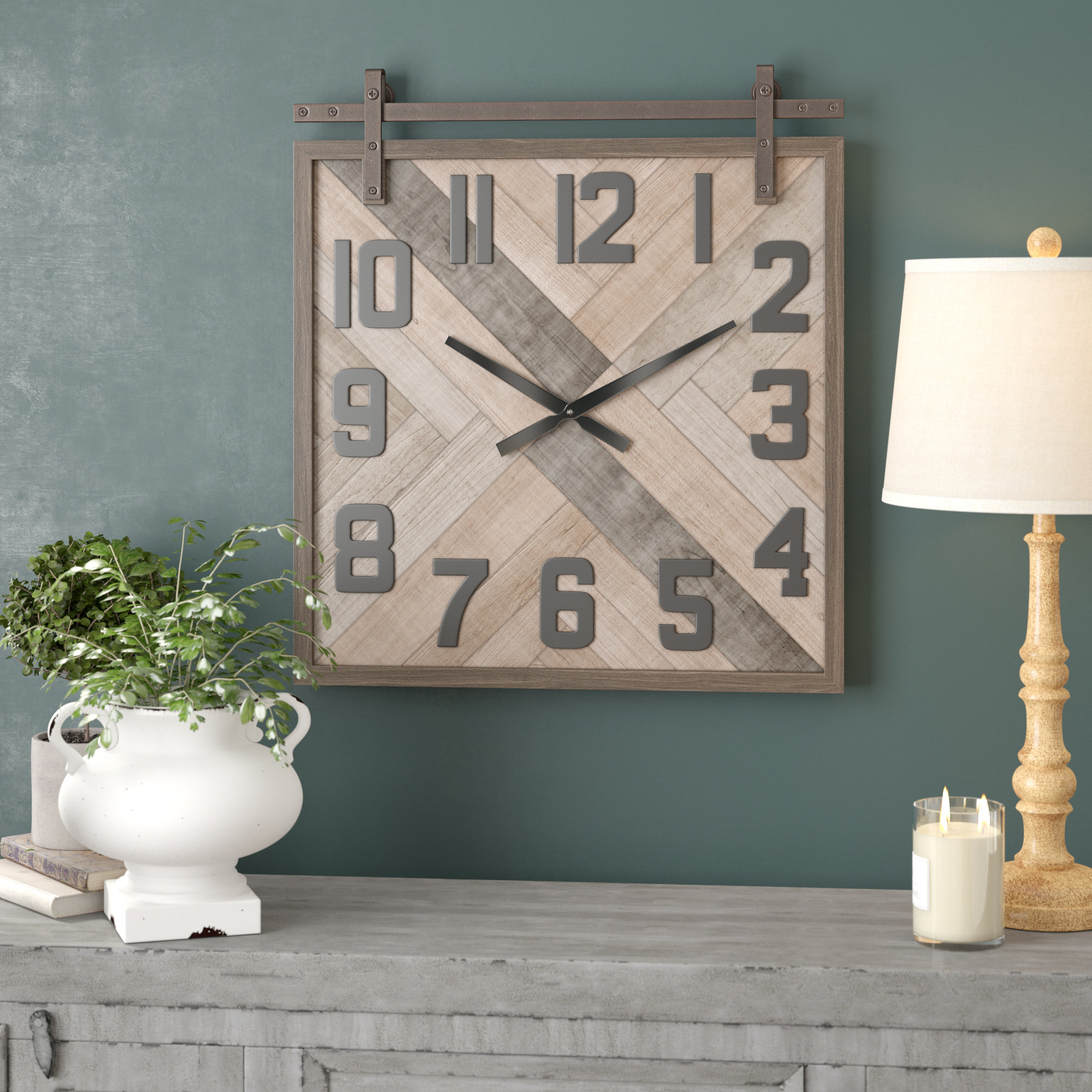 Gracie Oaks Allport Brown Wood Sliding Barn Door Style Wall Clock 24" x ...