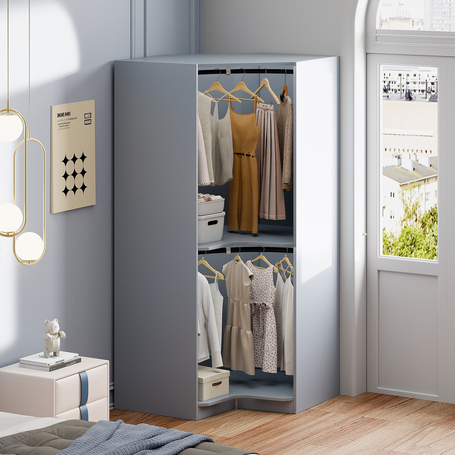 Hokku Designs Polygon Corner Wardrobe with Dual Shelving and Hanging ...
