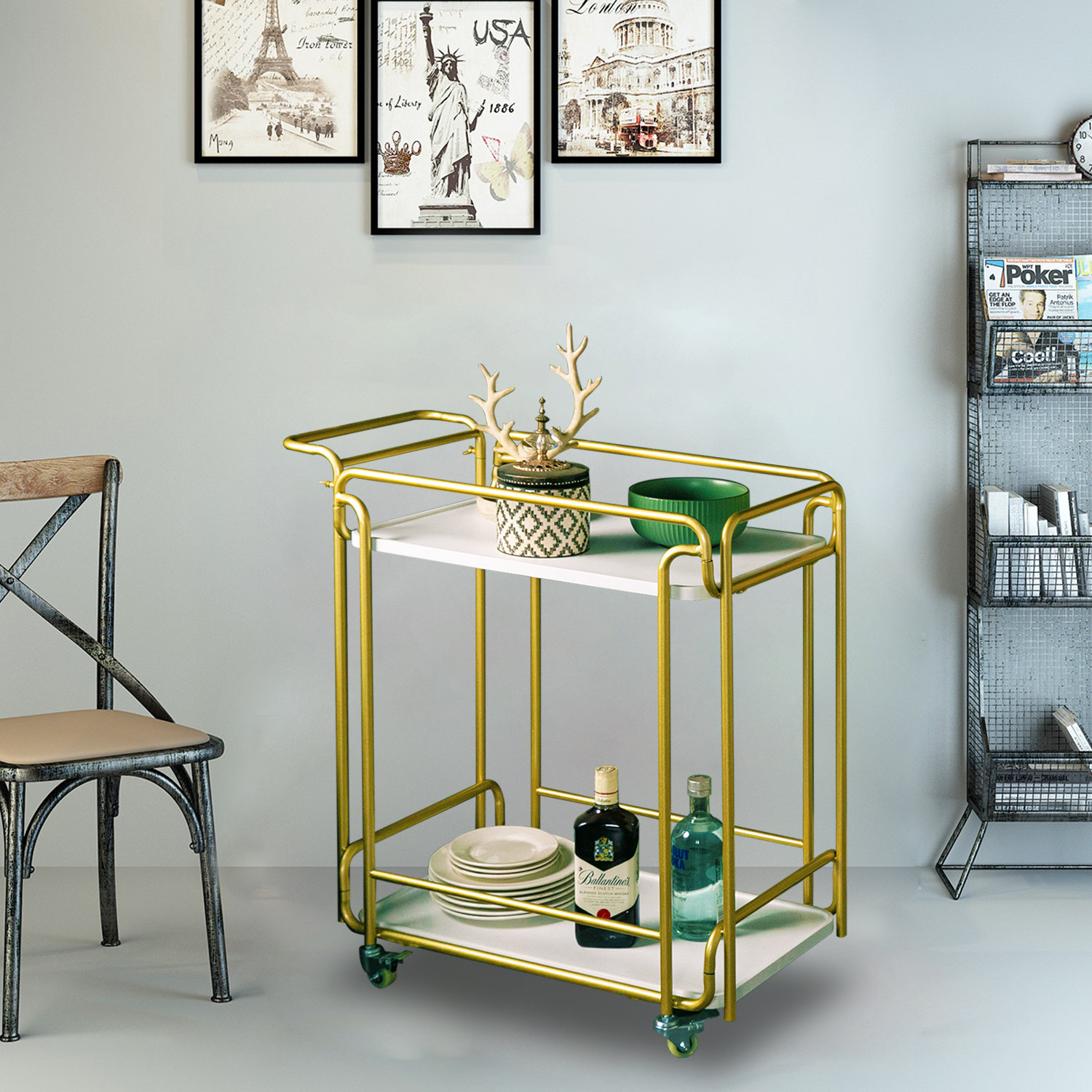 Everly Quinn Bar Cart Gold, Industrial Mobile Bar Cart, 2 Wood Storage ...