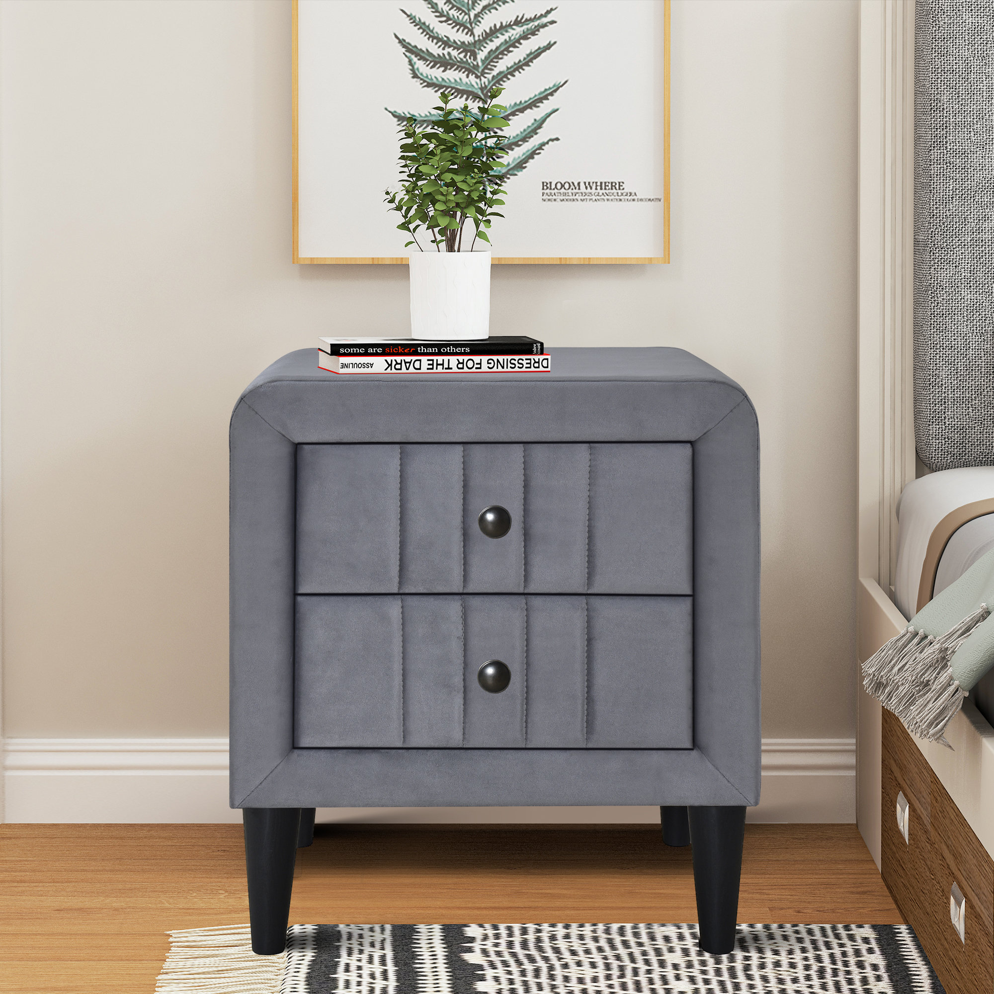 Mercer41 Classic Stylish Velvet Upholstered Nightstand with Two Drawers ...