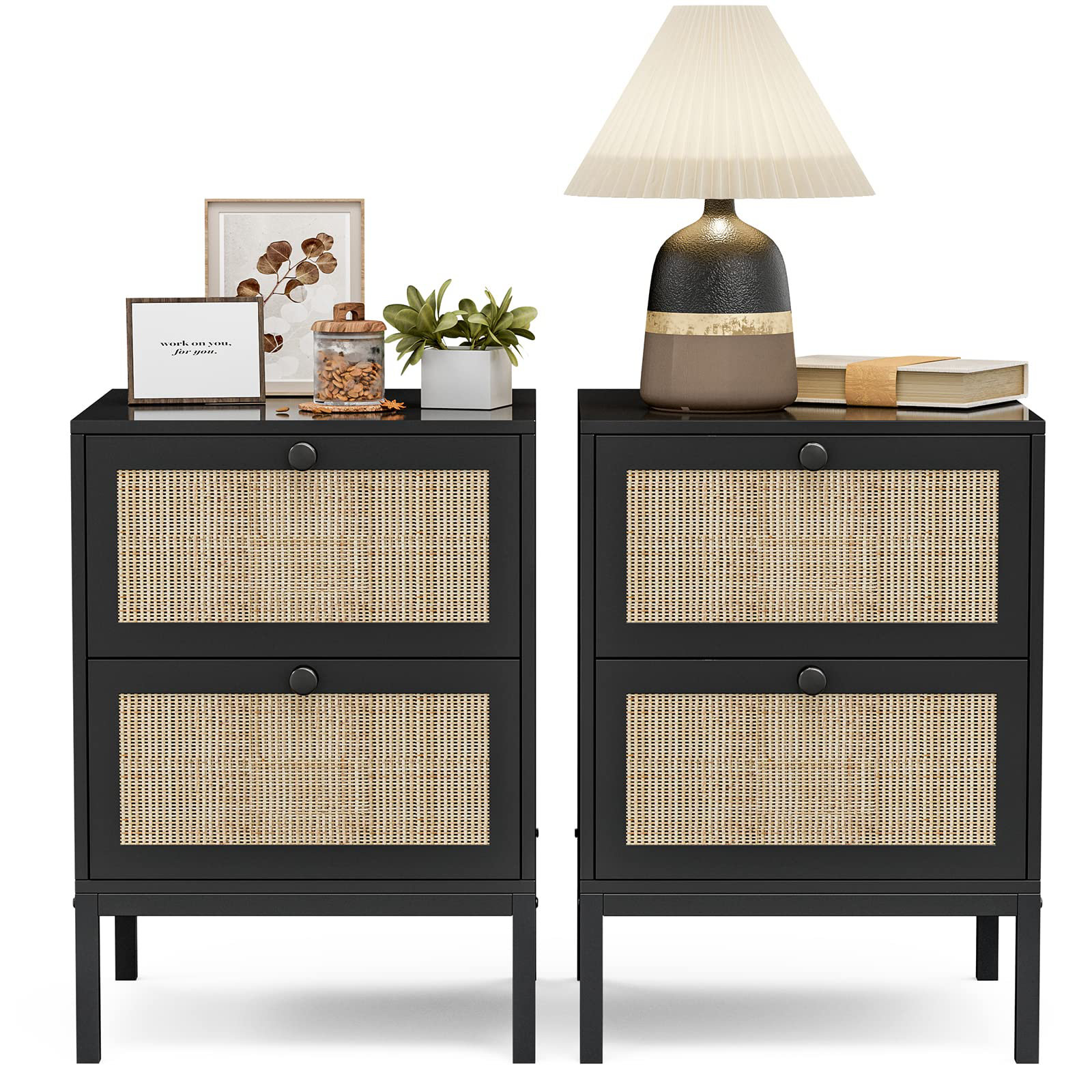Bay Isle Home™ Manel Rattan Nightstand Set Of 2, End Side Table With 2 ...